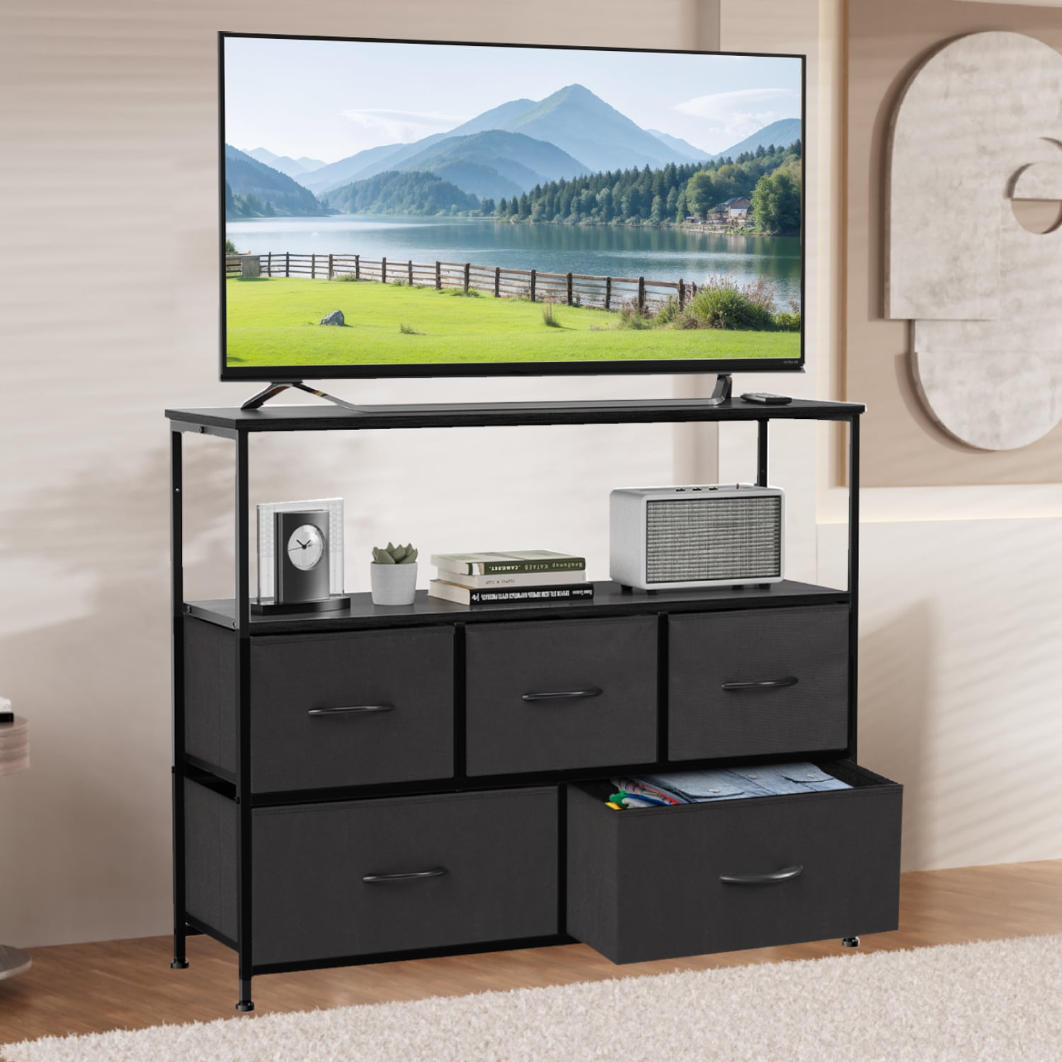 TV Stand with 5 Fabric Drawers and Open Shelf, Media Console Table for ...