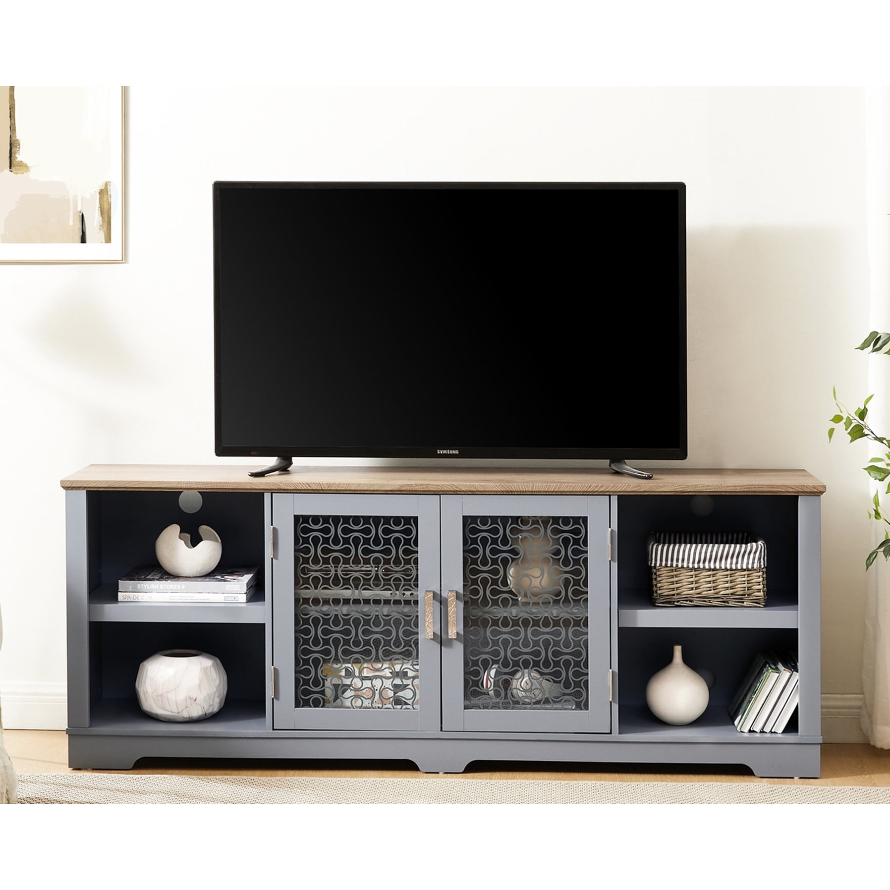 TV Stand with 6 Cable Cutouts | 80" TV, Multi - purpose Storage ...