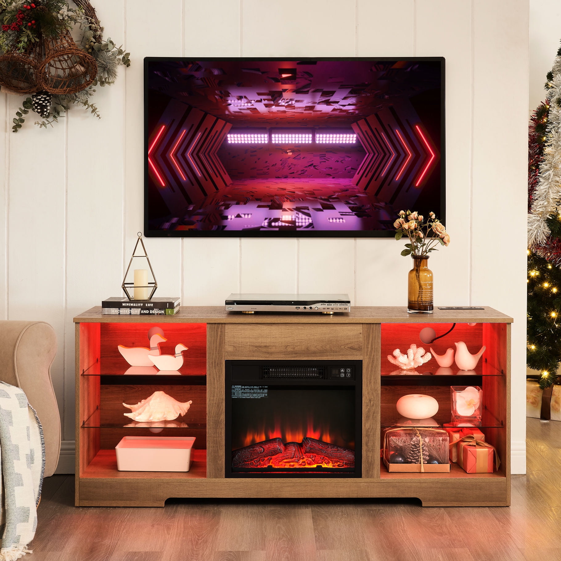 TV Stand with Built-in Electric Fire | 2 USB Charging Ports on Top ...