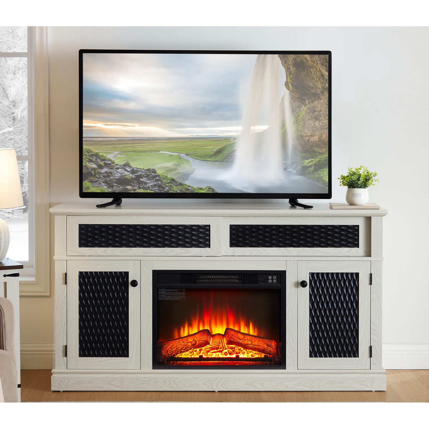 TV Stand with Fireplace Insert, 3 Adjustable Shelves, Classic Style ...