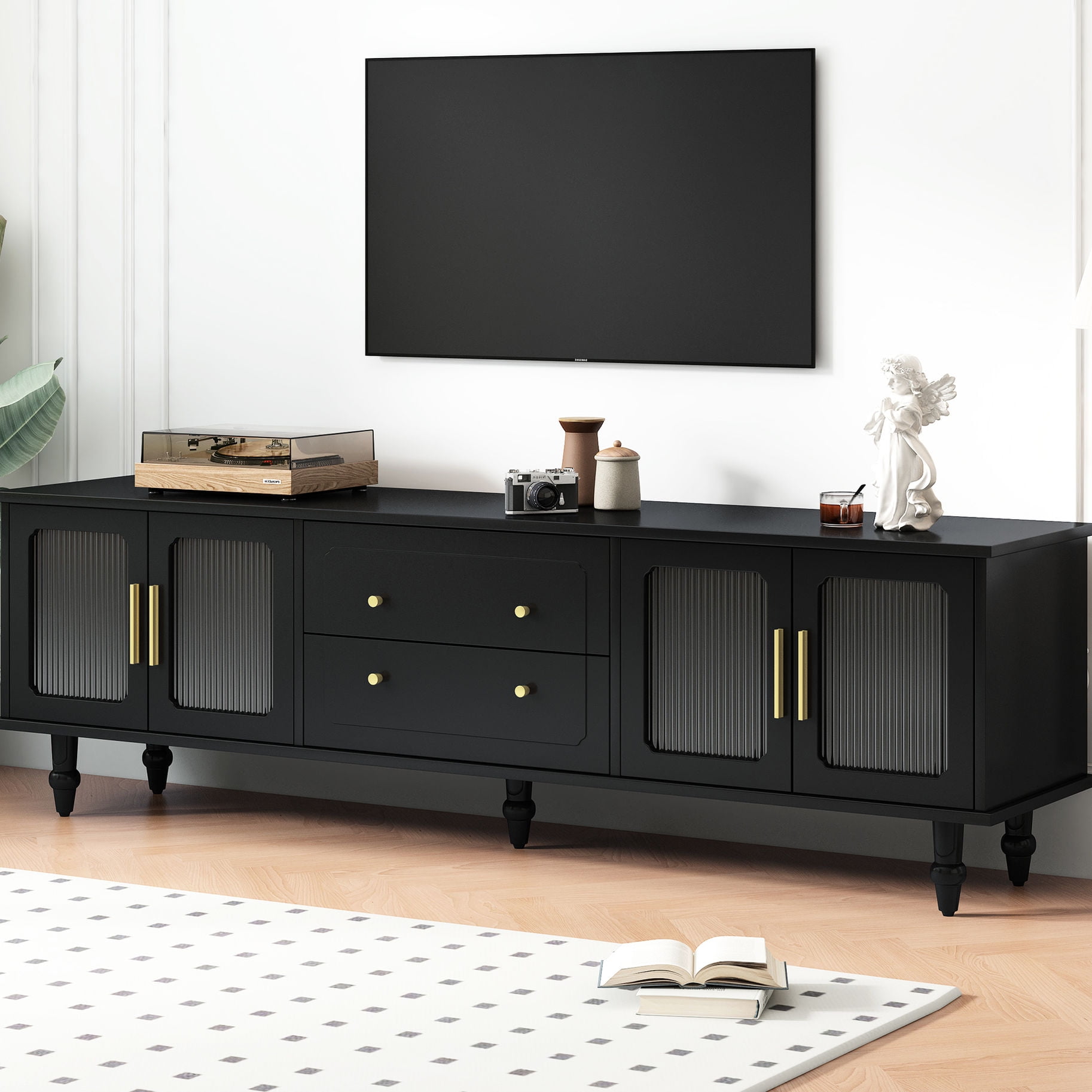 TV Stand with Fluted Glass | Unique Gourd-Shaped Legs | 2 Cabinets for ...