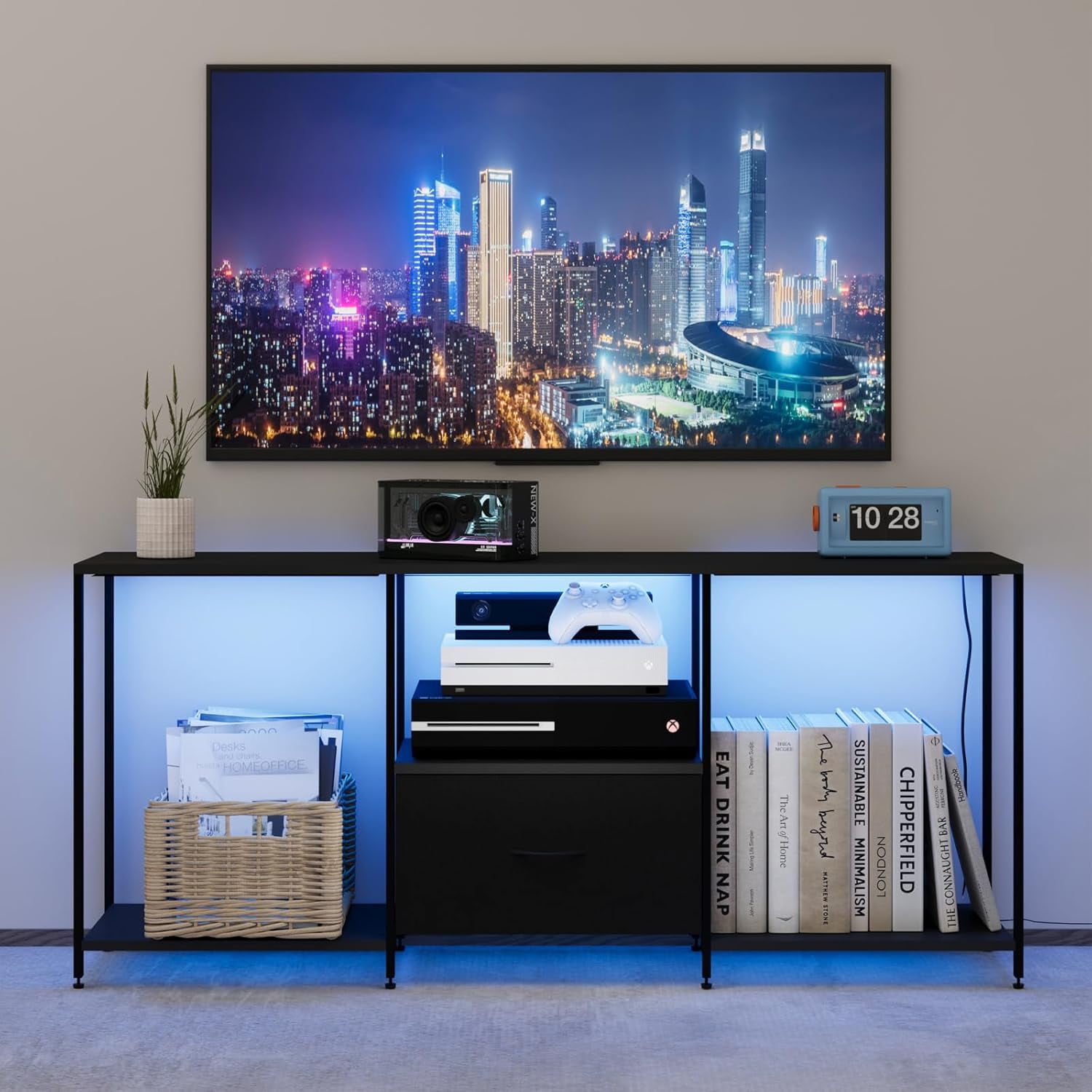 TV Stand with Open Shelves and Fabric Drawer, Entertainment Center with ...