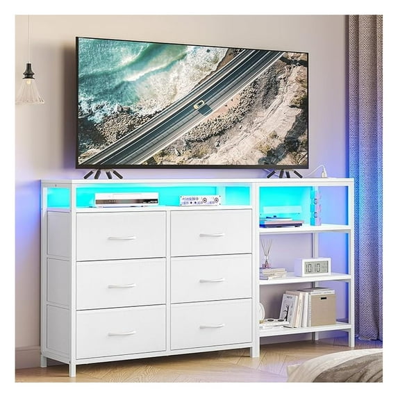 TV Stand with Power Outlets & LED Lights, 53.5" White Entertainment ...