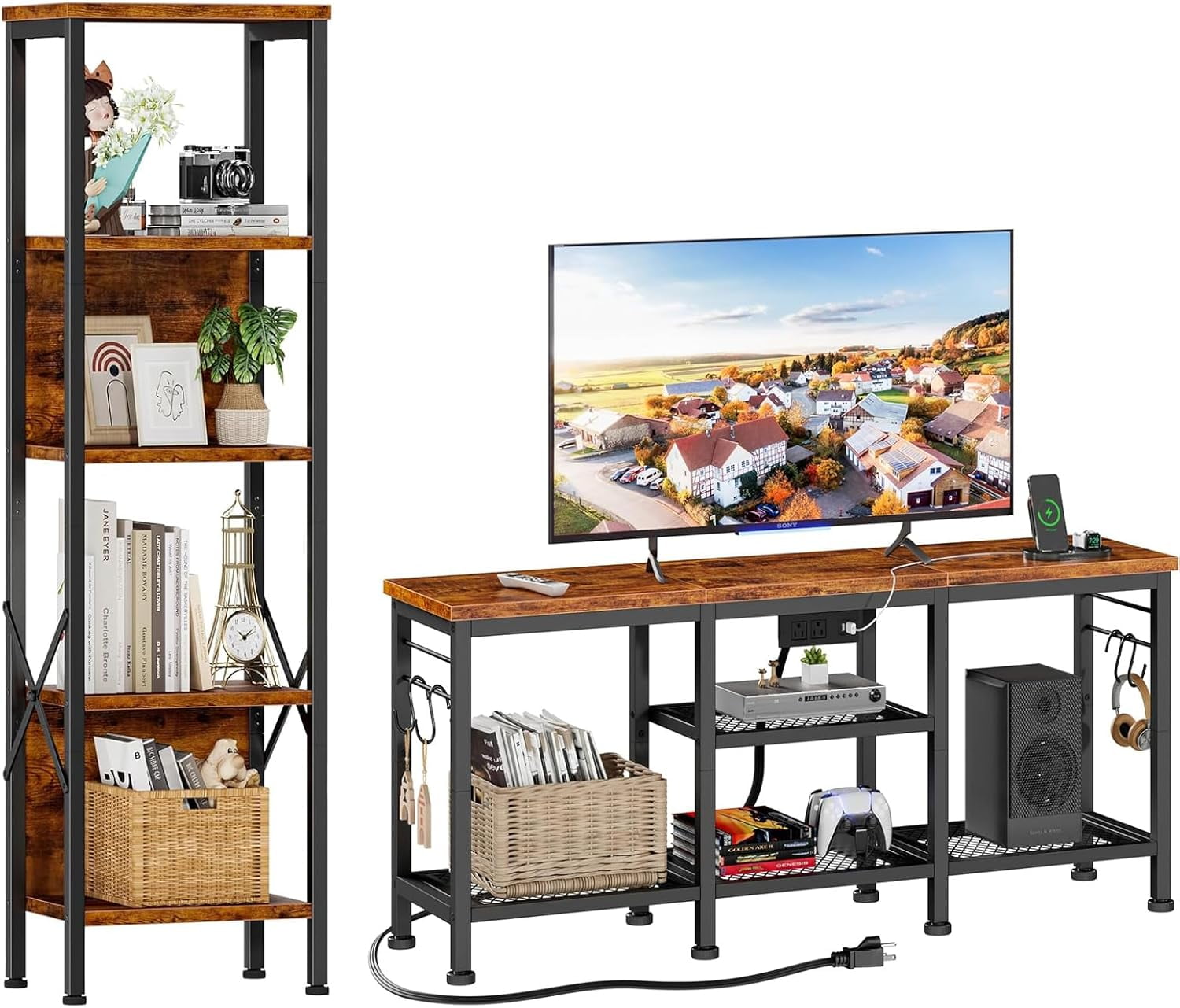 TV Stand with Power Outlets and 5 Tier Bookshelf with Back ...