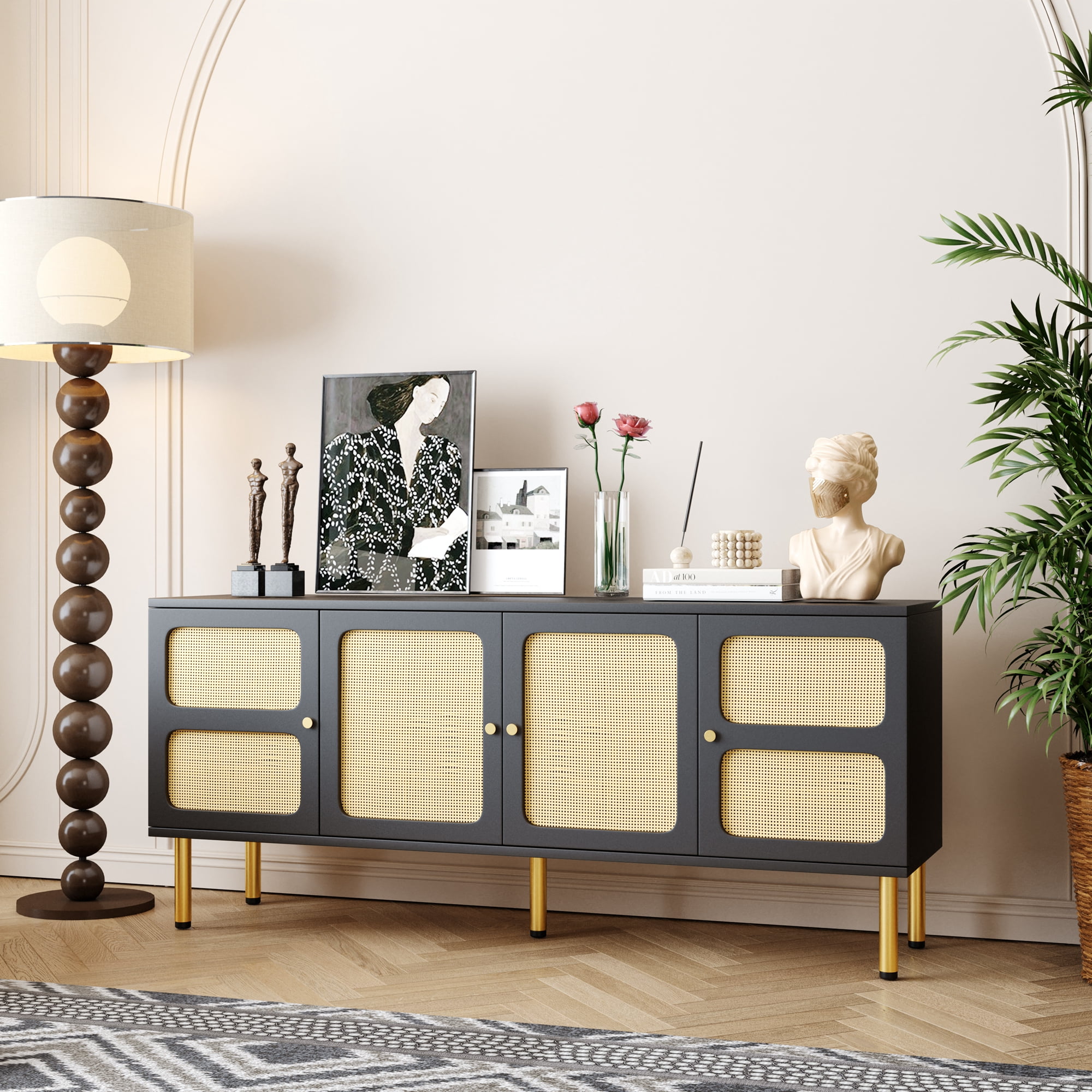 TV Stand with Rattan Door, Woven Media Console Table for TVs Up to 70 ...