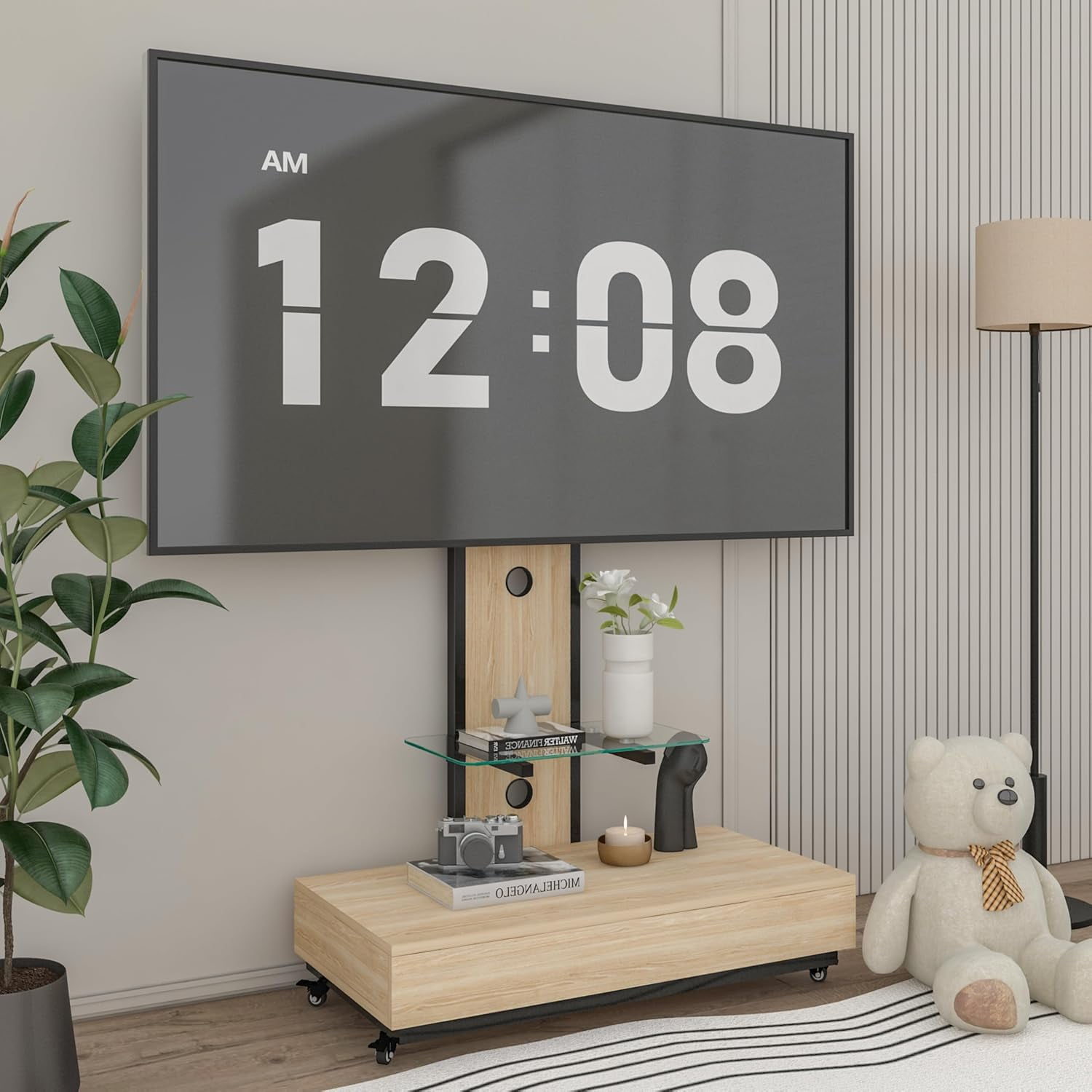 TV Stand with Sliding Drawer, Floor Stand with Lockable Wheel Mount, 32 ...