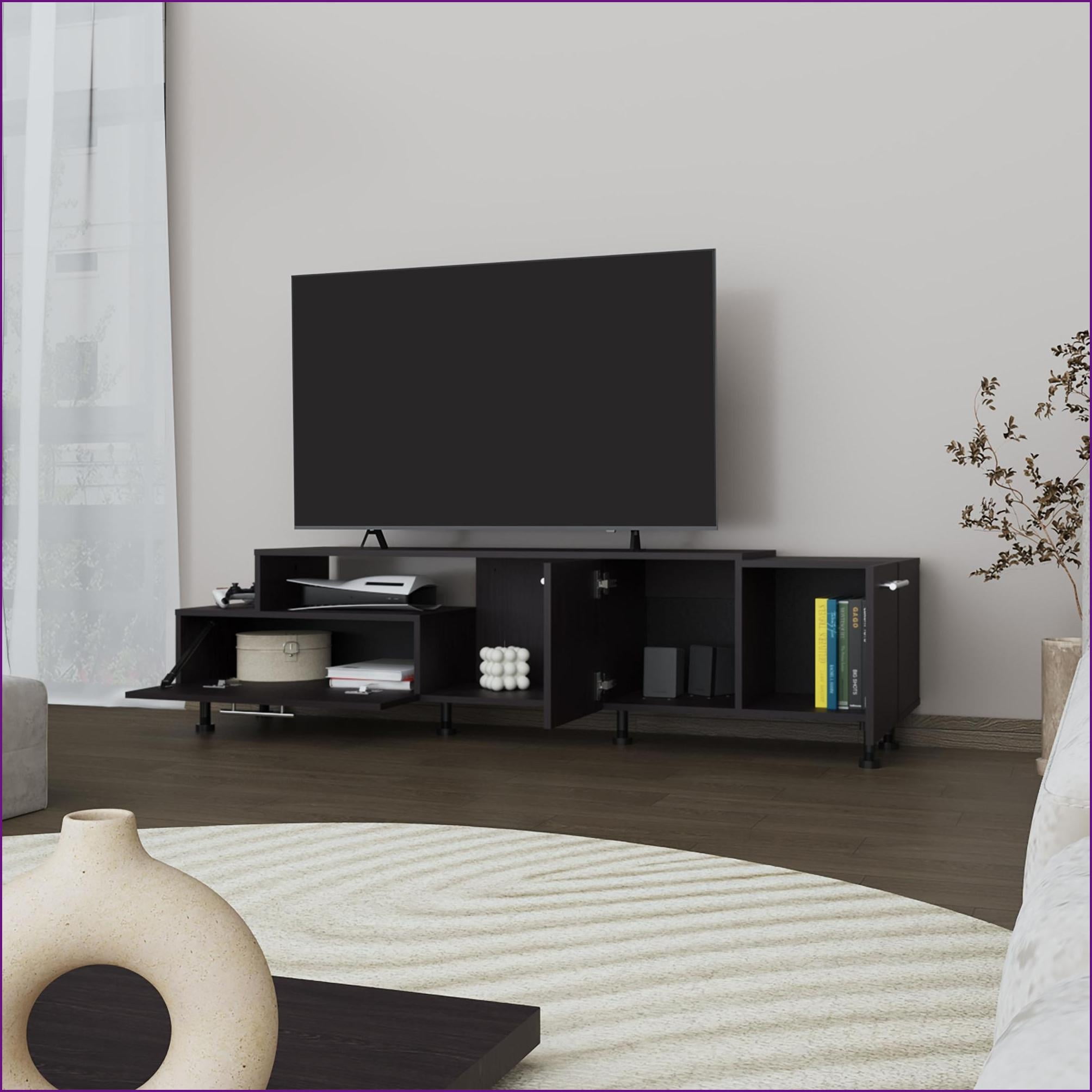 TV Stand with Storage, Black Engineered Wood | Fits 50-59 Inch TVs ...