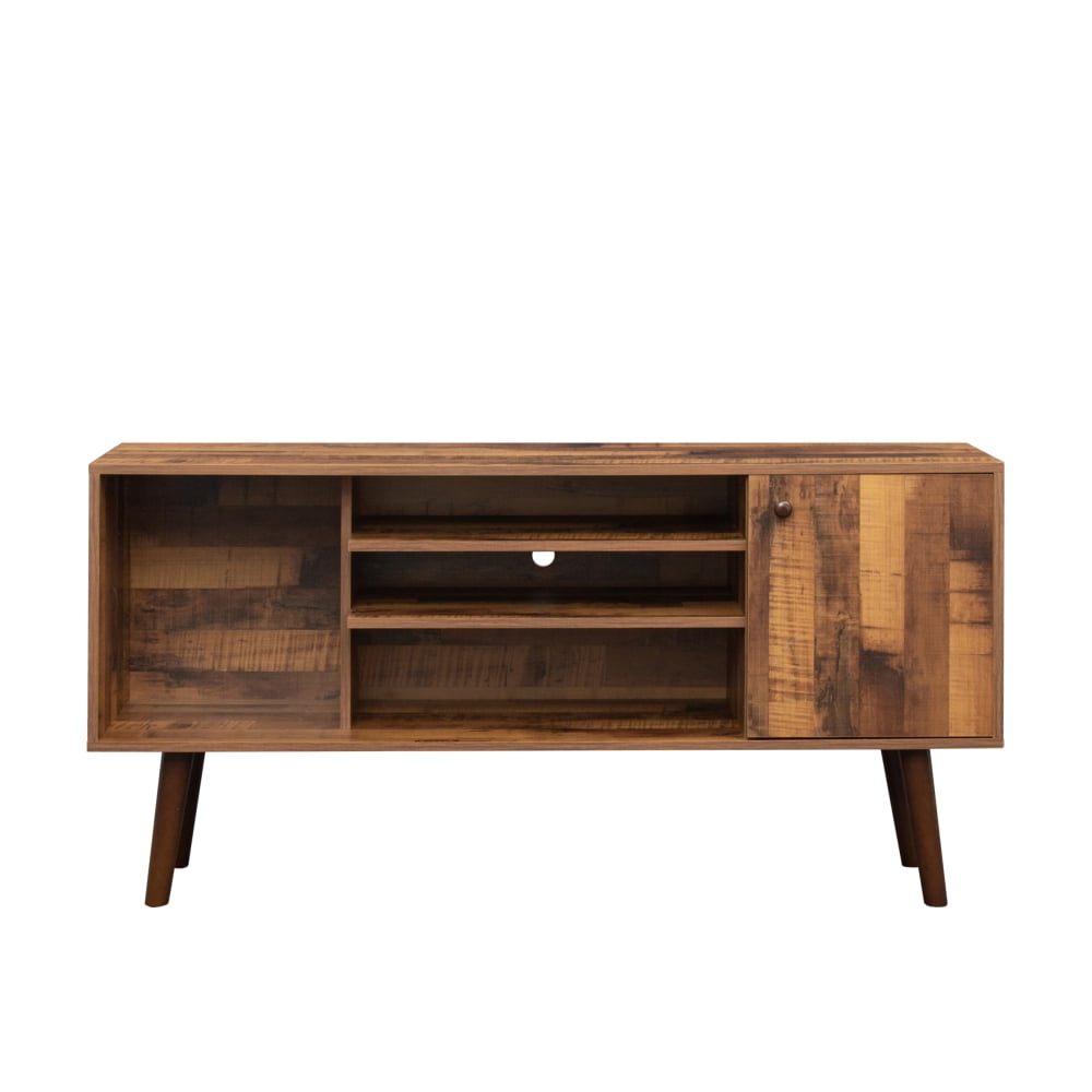 TV Stand with Storage Cabinet and 2 Open Shelves, 4 Solid Wood Legs ...