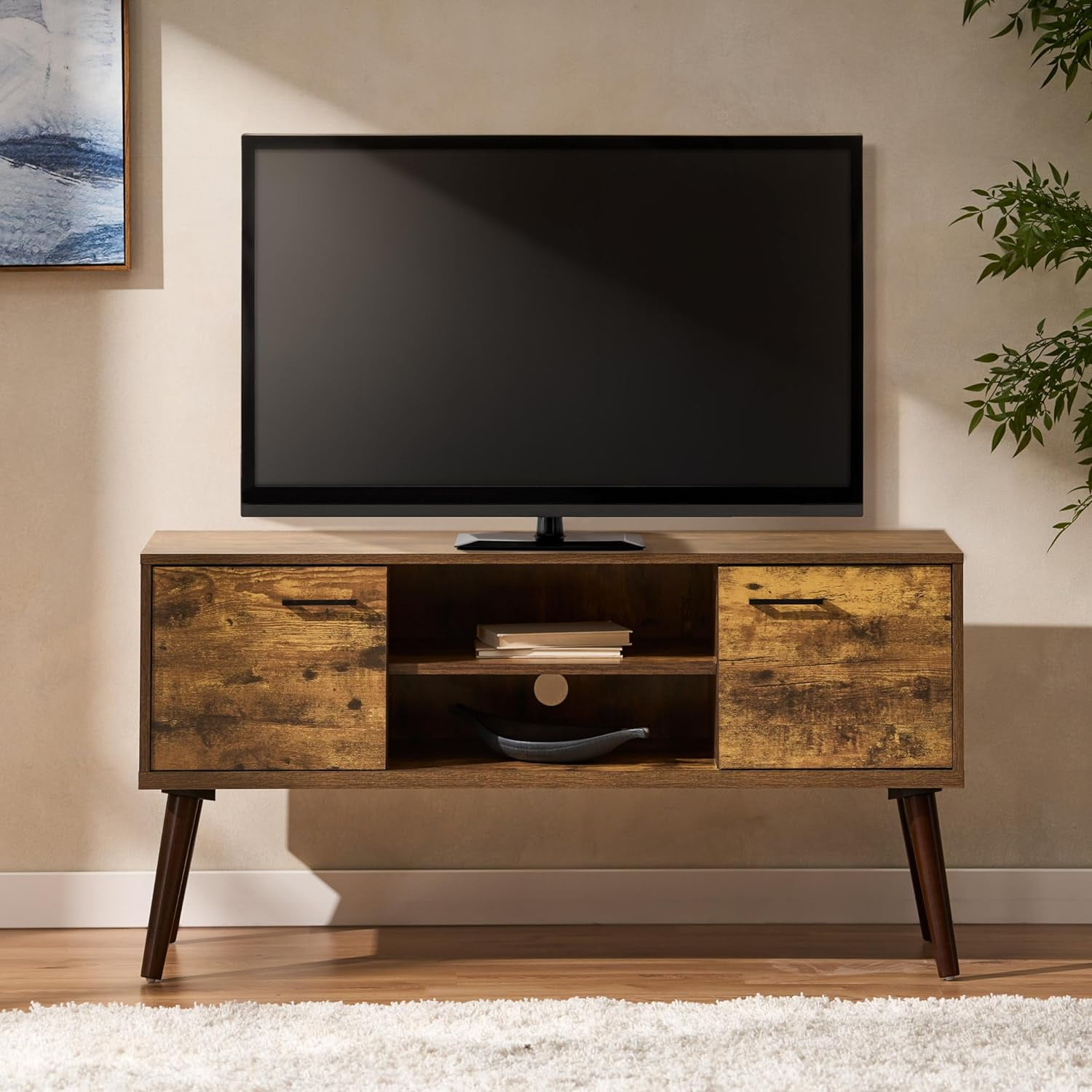 TV Stand with Storage Cabinet and Shelf, Modern 71" Wood TV Stand with ...