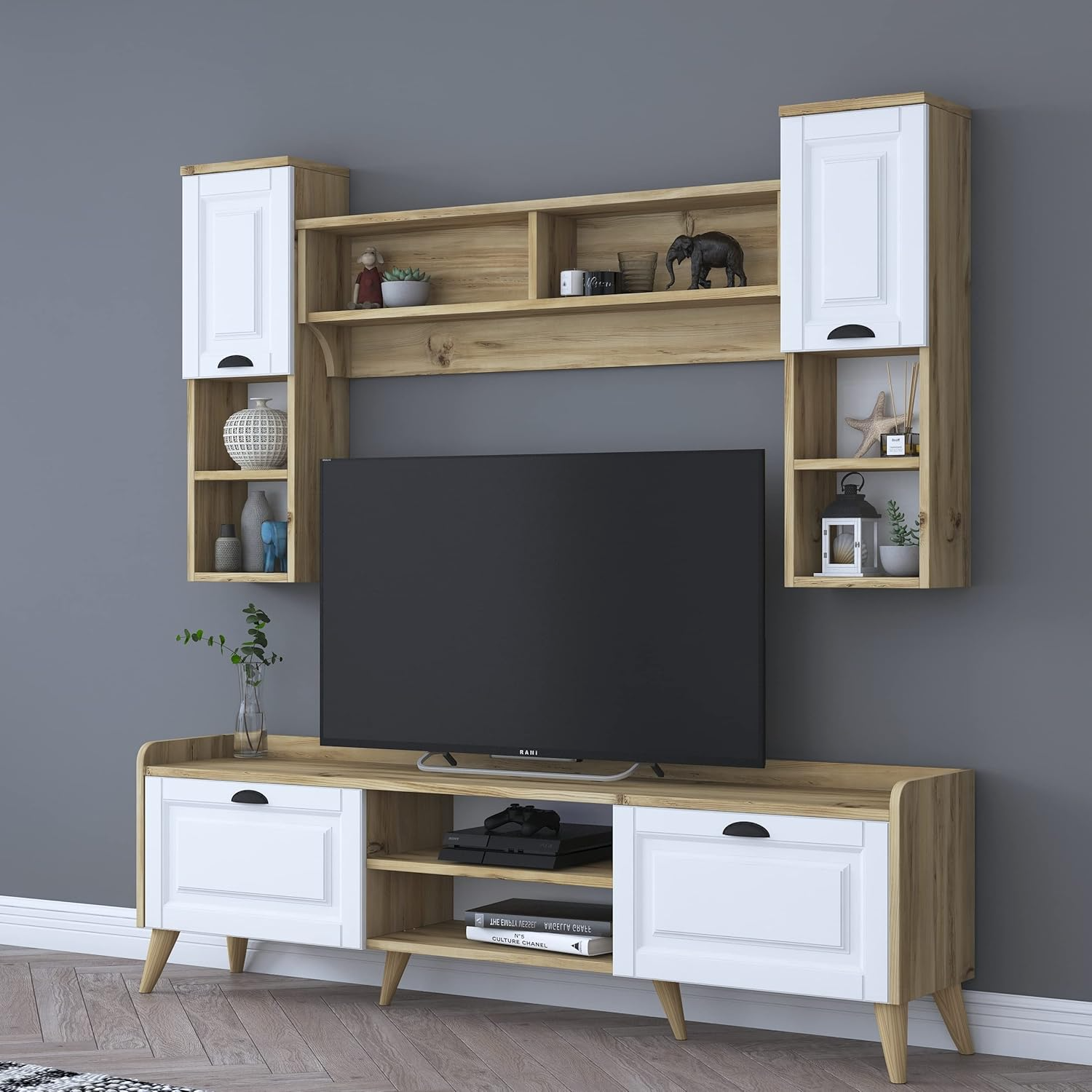 TV Unit with Wall Shelves Entertainment Center with Storage for 55/60 ...