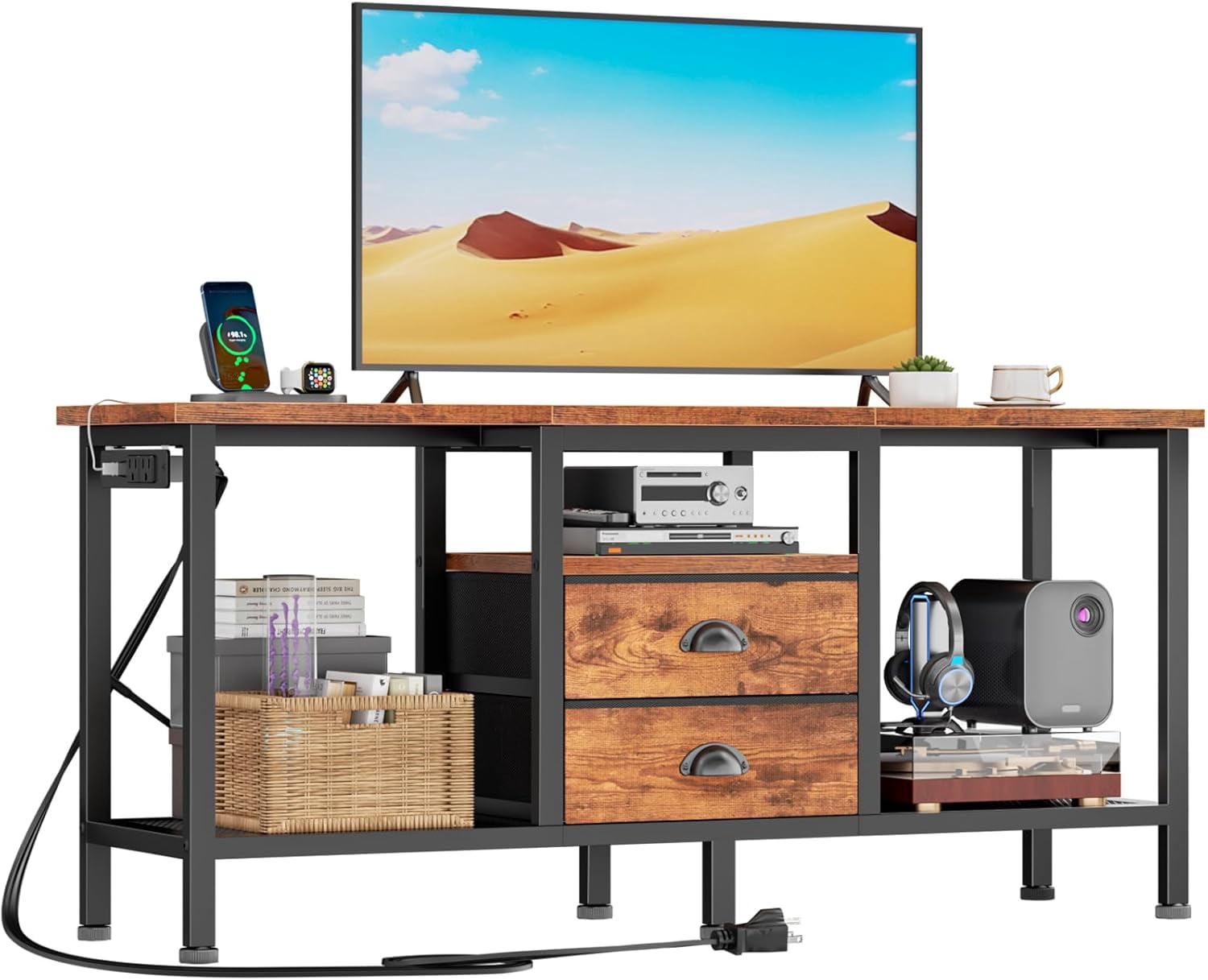 TV cabinet with power sockets and fabric drawers, small entertainment ...