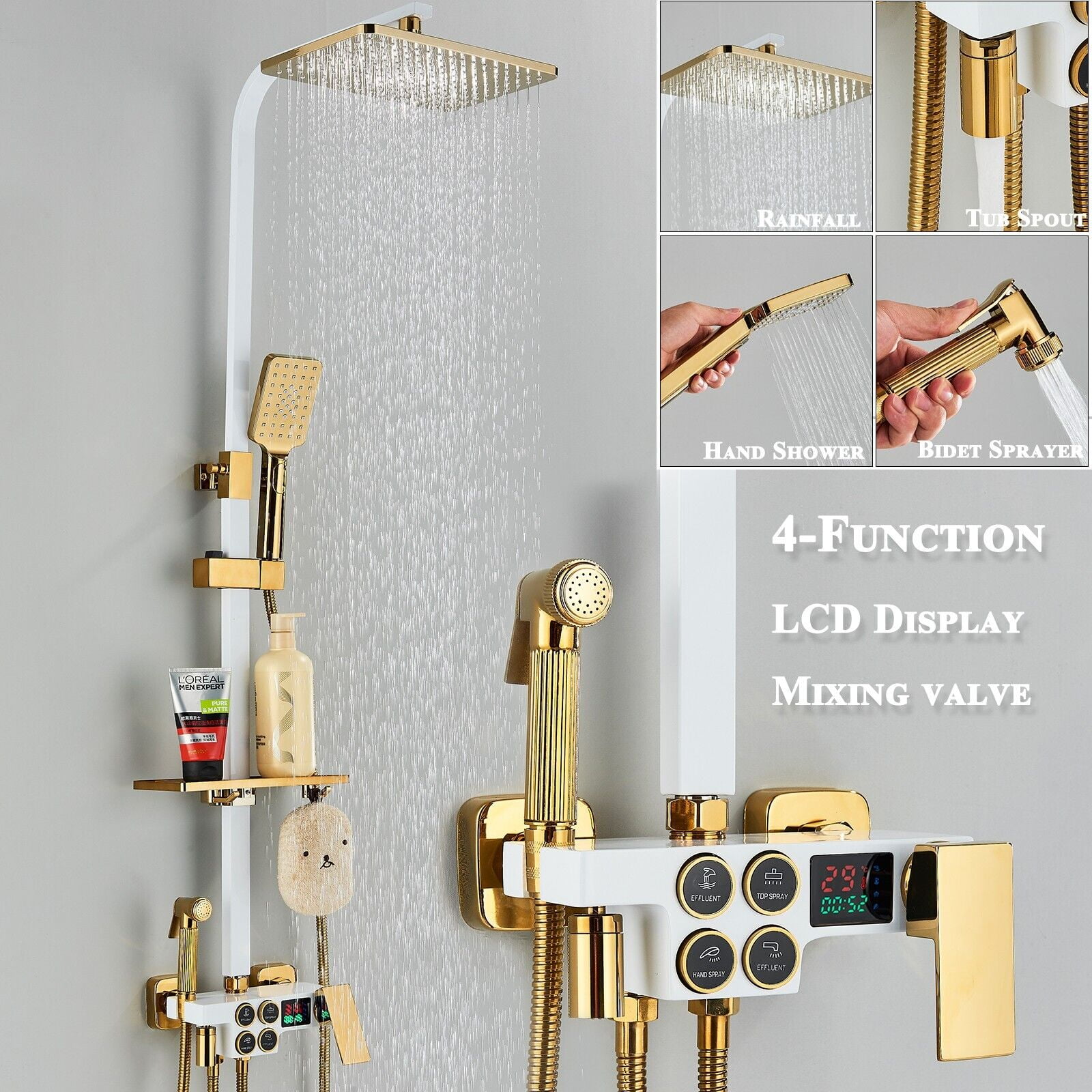 TVTIUO White Gold Exposed Shower System Rainfall Shower Faucet Set ...