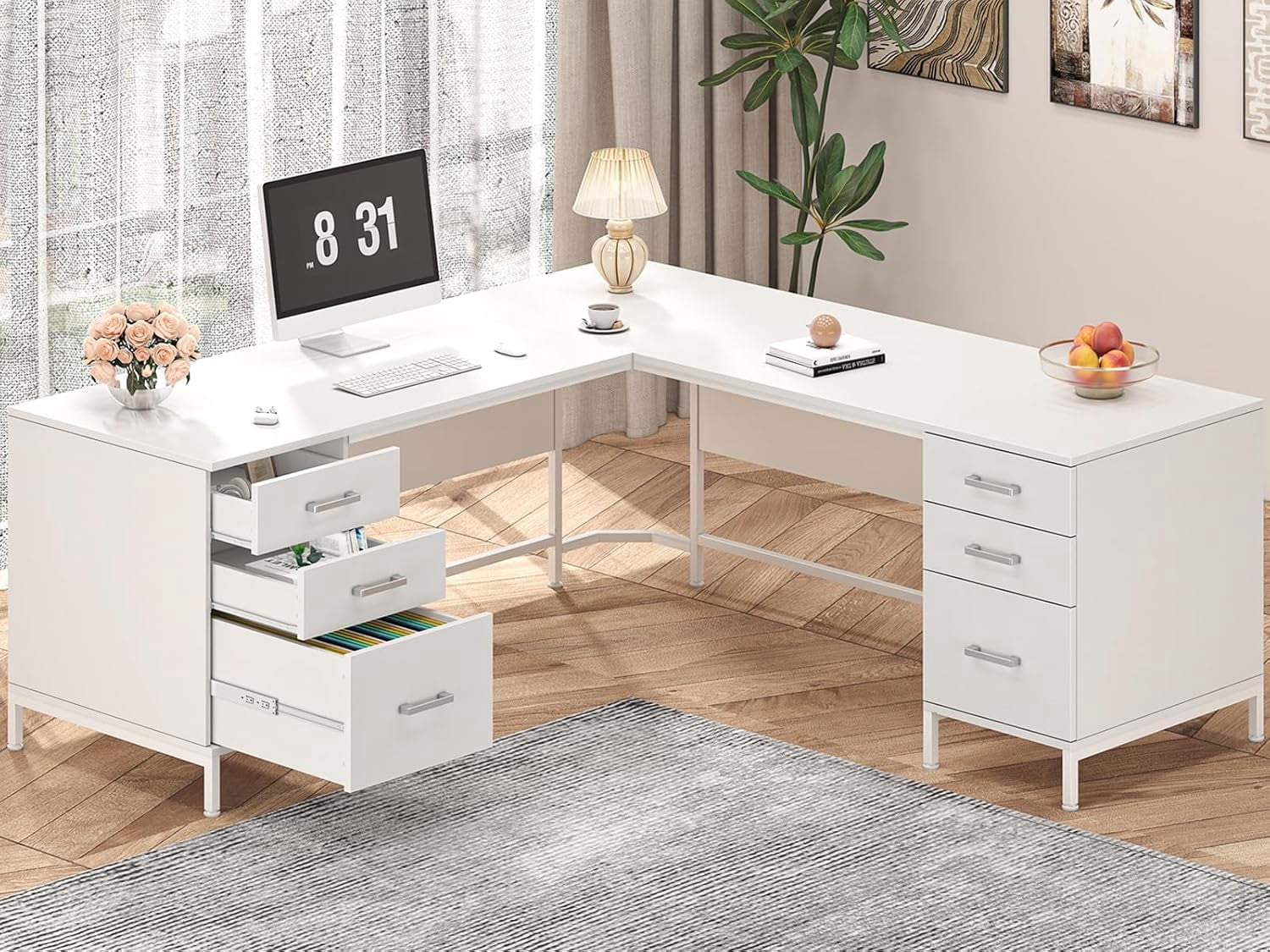 TVU 59’’ L Shaped Desk with 6 Drawers, Large Home Office Corner ...