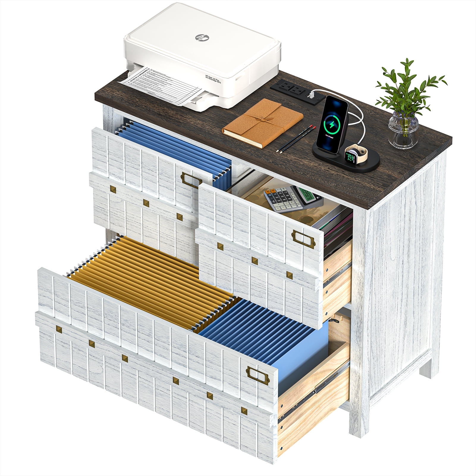 TVU Farmhouse 3 Drawer File Cabinet with Charging Station, Solid ...