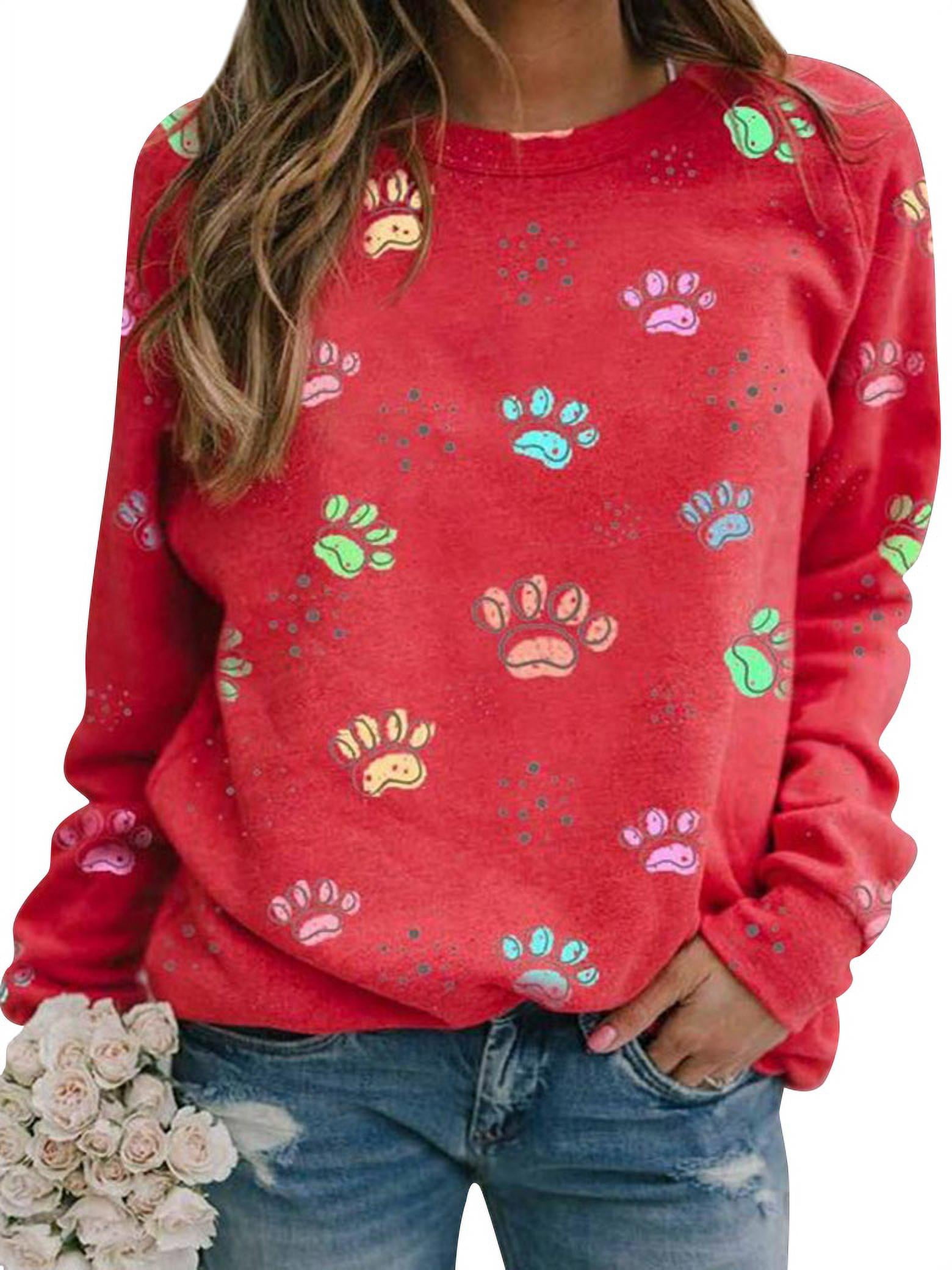 TWEYISR Womens Long Sleeve Multicolor Dogs Paw Print Graphic ...