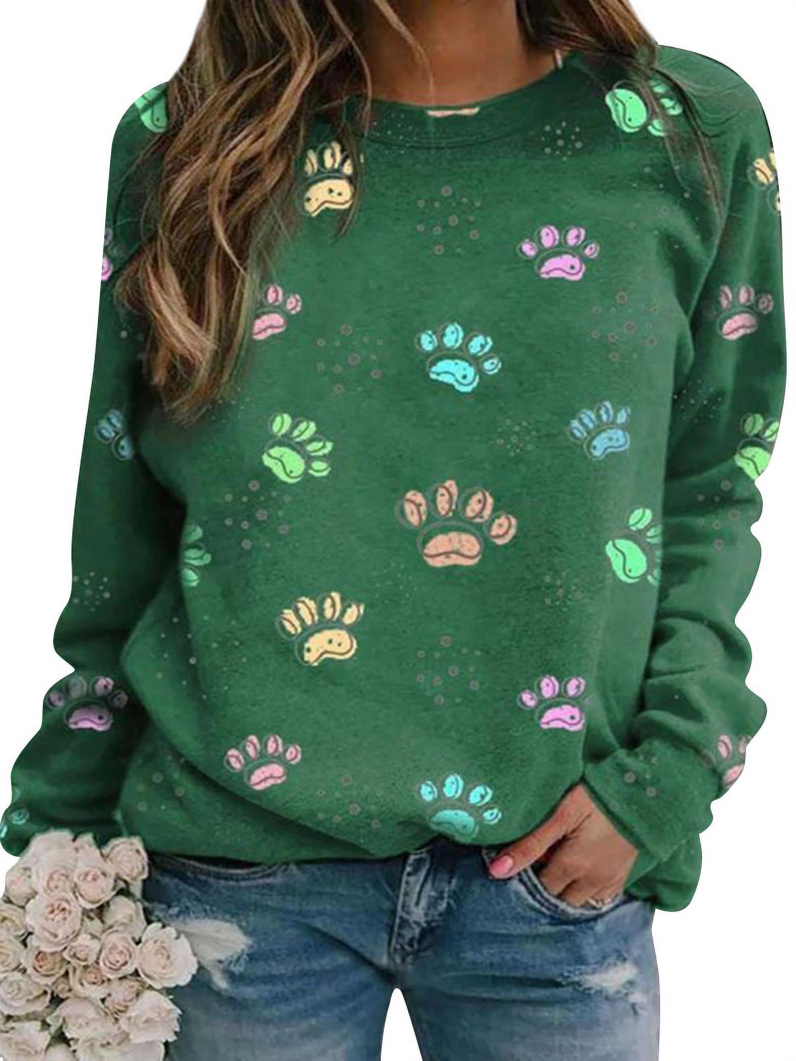 TWEYISR Womens Long Sleeve Multicolor Dogs Paw Print Graphic ...