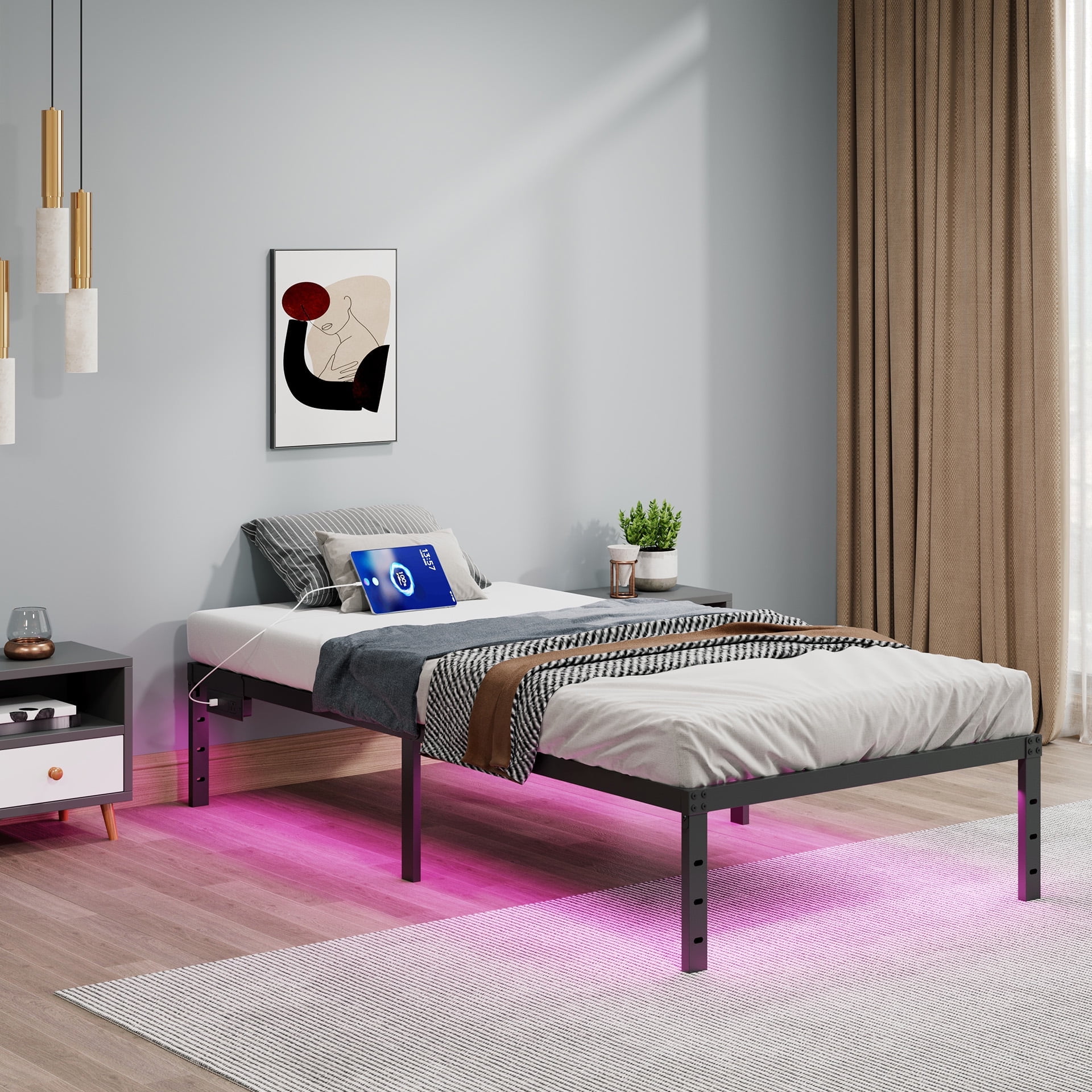 TWIN XL Bed Frame, 14 In High Bed Frame Mattress Foundation, With RGB ...