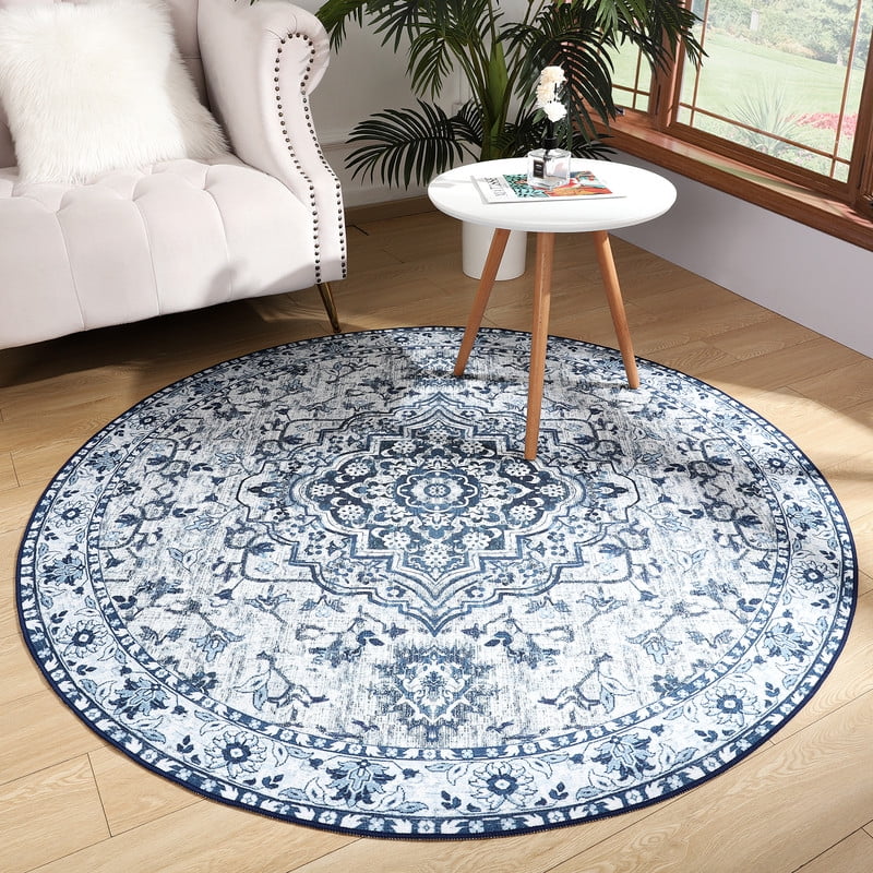 TWINNIS Round Boho Rug, Vintage Floral Chenille Area Carpet, Washable ...