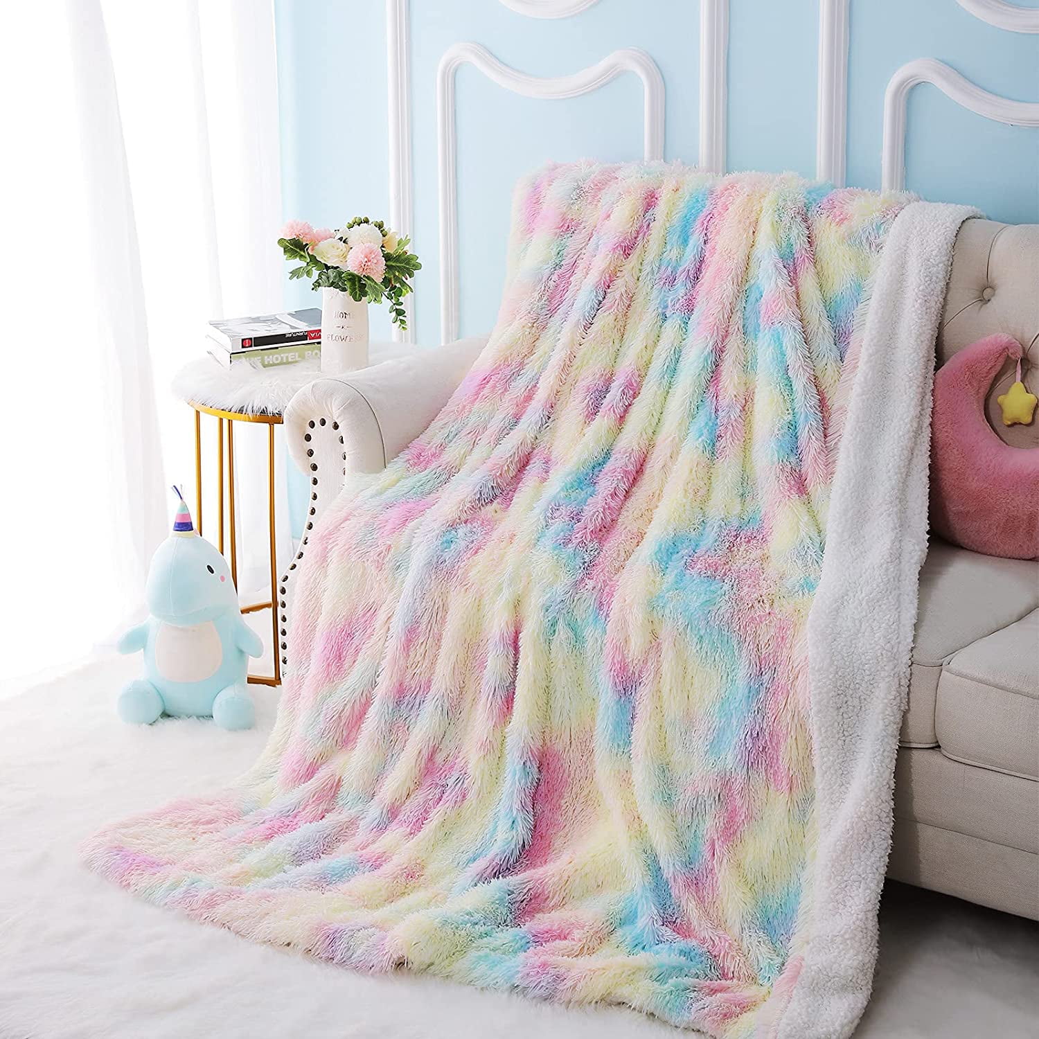 TWINNIS Super Fluffy Rainbow Colorful Blanket For Couch Bed Sofa Kids ...