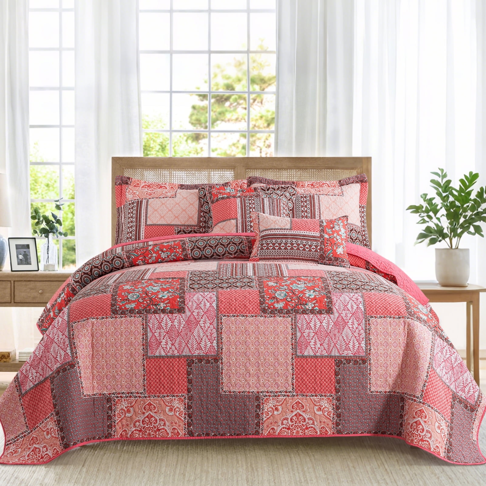 TWINRUN Cotton Queen Quilt Set, 3 PCs Lightweight Farmhouse Pink ...