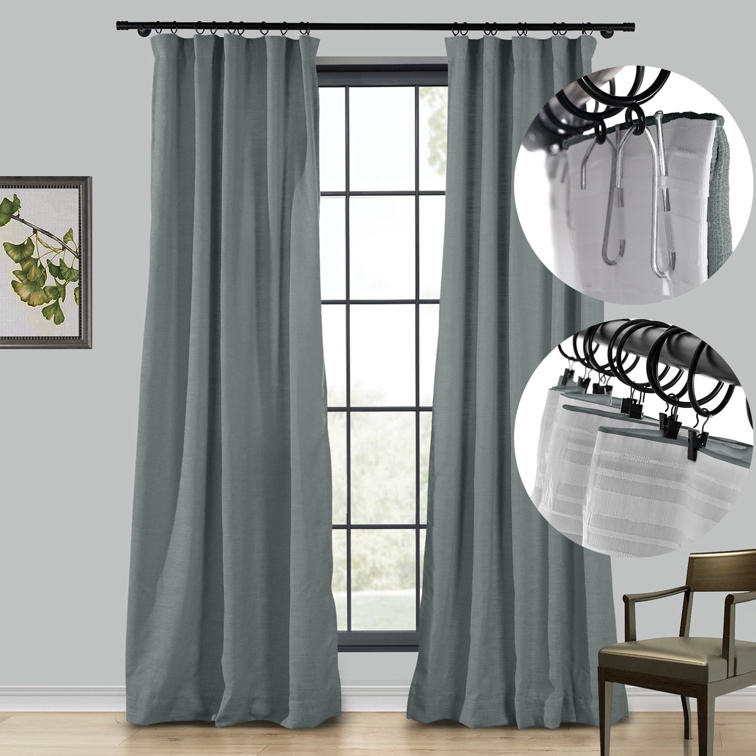 TWOPAGES Grey Linen Drapery 96 inch Length Curtain 50Wx96L, 1 Panel ...