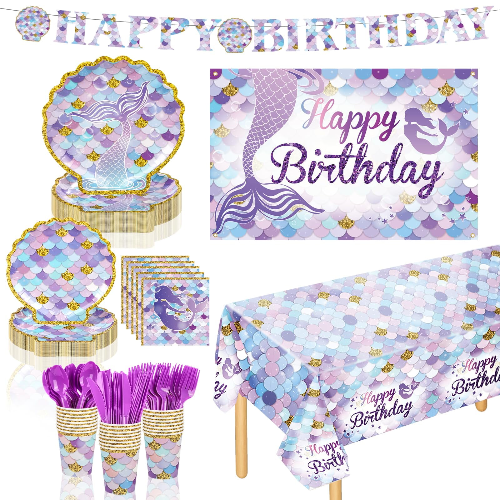 TWOWYHI 178PCS Mermaid Party Supplies Set AFN1Serves 25 Mermaid Plates ...