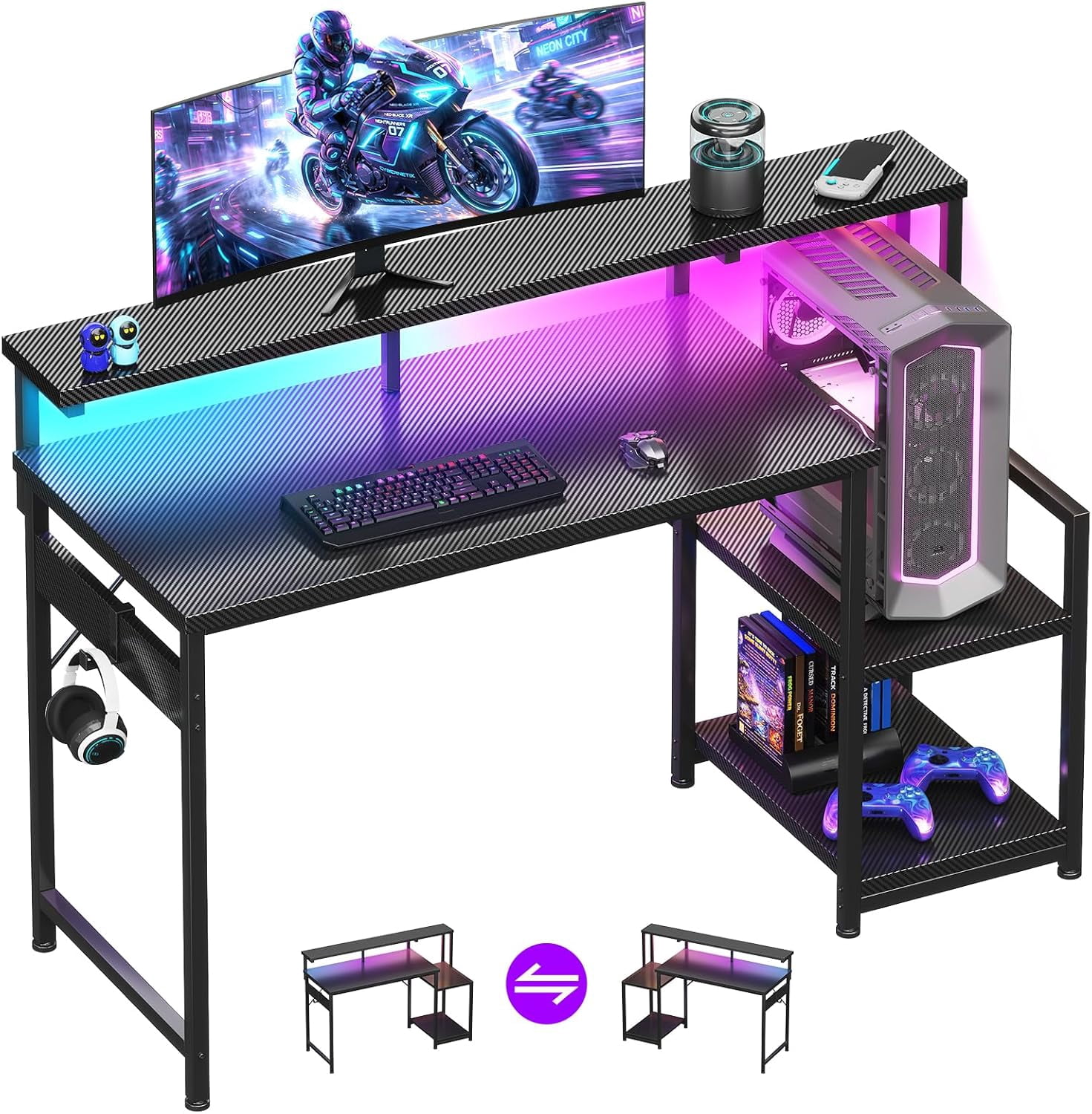 TWQP 48 Inch Gaming Desk with LED Lights Carbon Fiber Black Computer ...