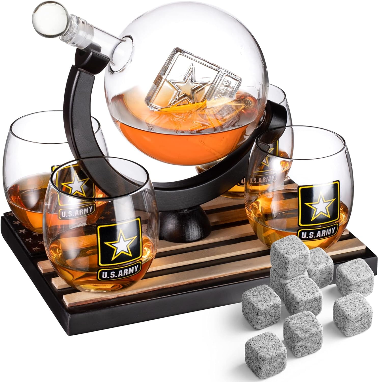 TWS Army Globe Whiskey Decanter Set with Glasses and Wood Base ...