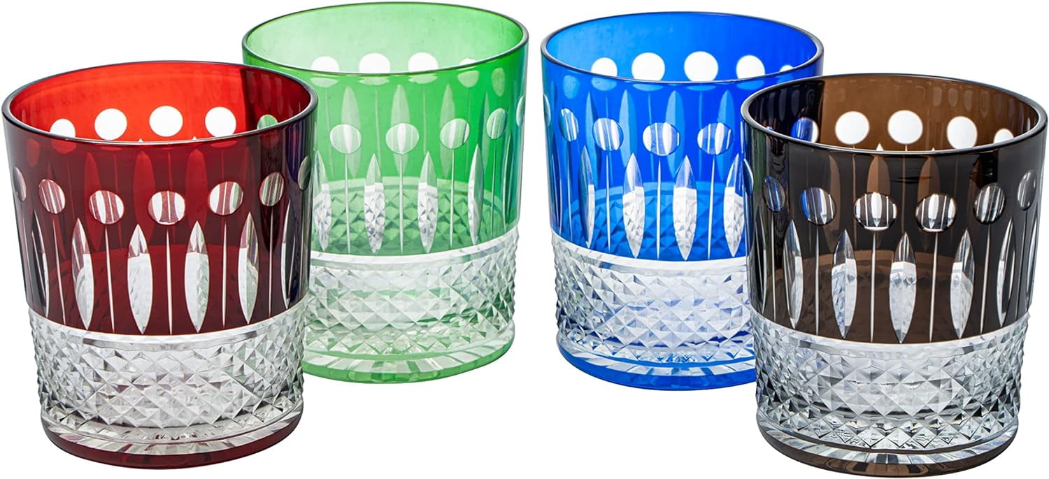 TWS Crystal Italian Multicolor Design Whiskey Glasses, Set of 4 - 8oz ...