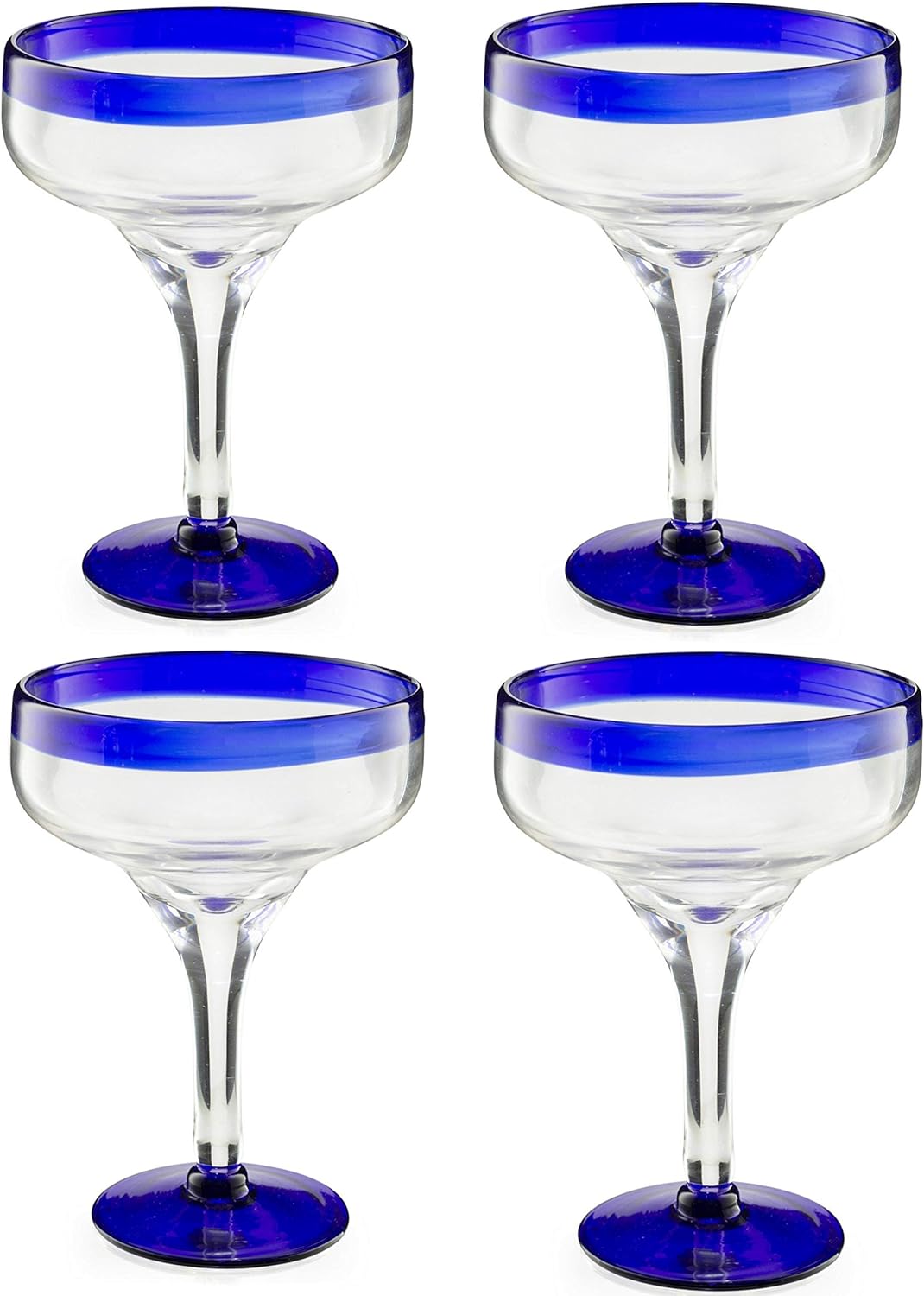 TWS Mexican Hand Blown 16oz Glasses, Set of 4, Cobalt Blue Rim ...