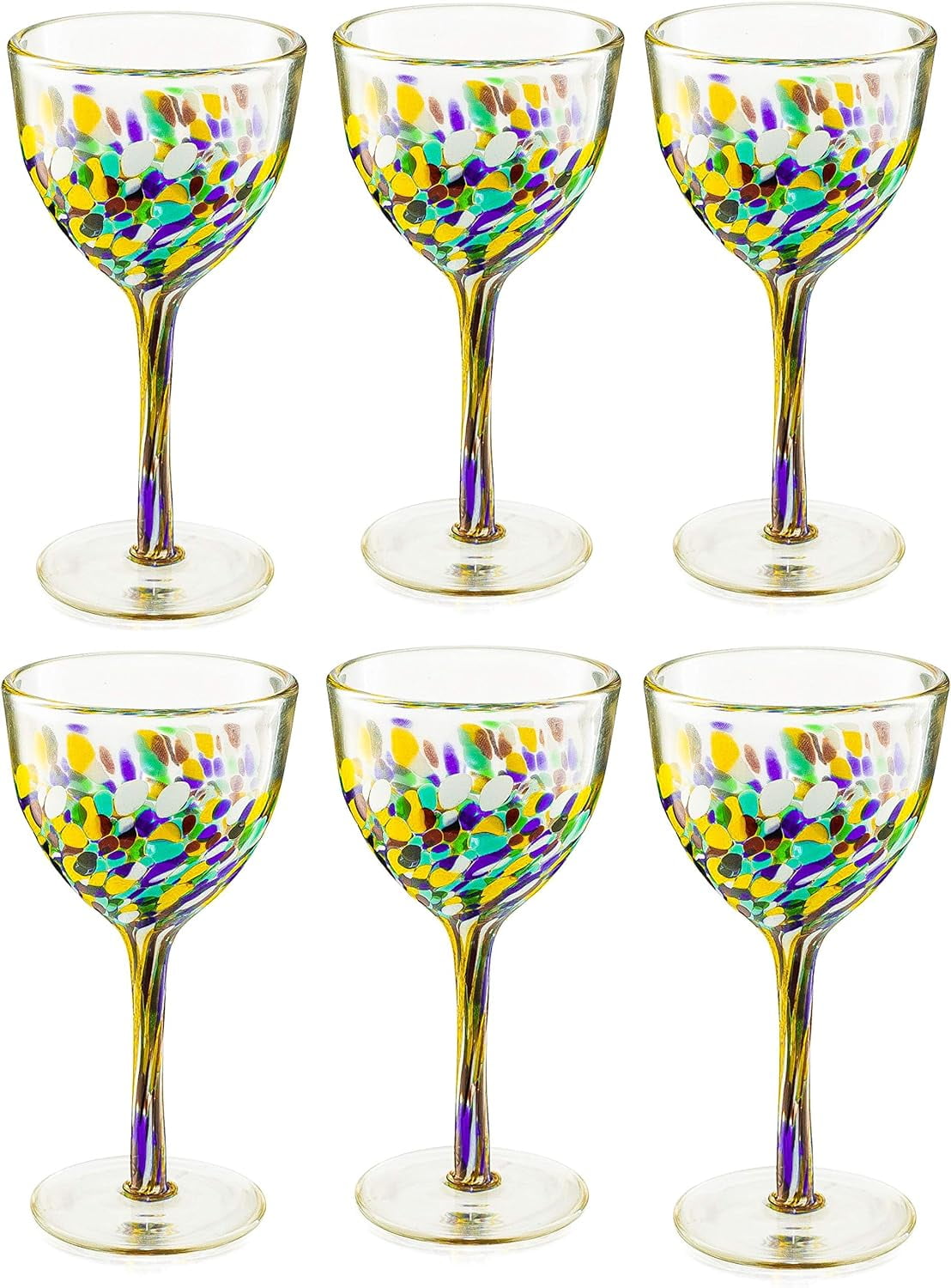 Tws Mexican Hand Blown Glass Wine Glasses Set Of 6 8oz Cobalt Confetti Design