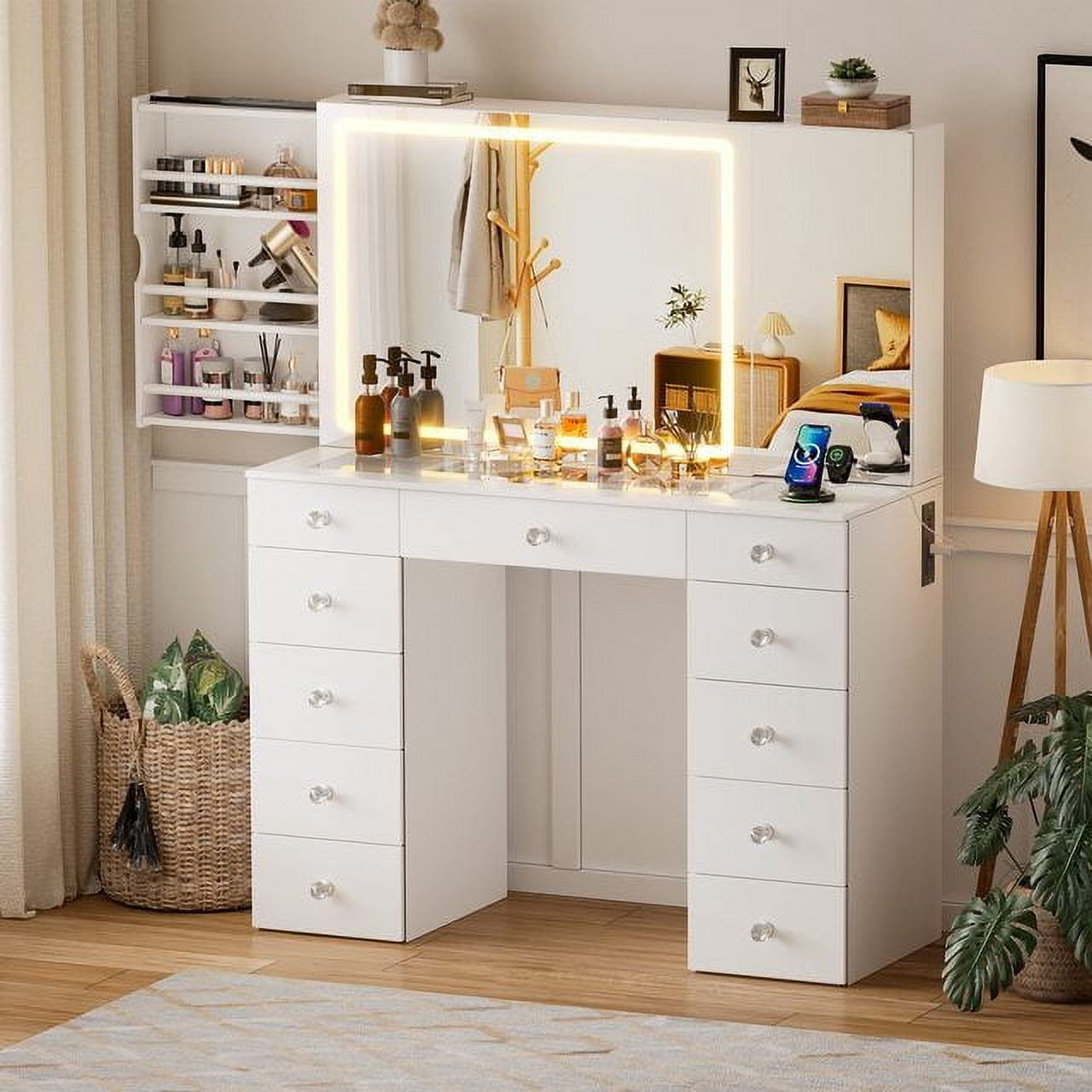 TWSOUL 46" Makeup Vanity with Large LED Mirror, Glass Tabletop Vanity ...