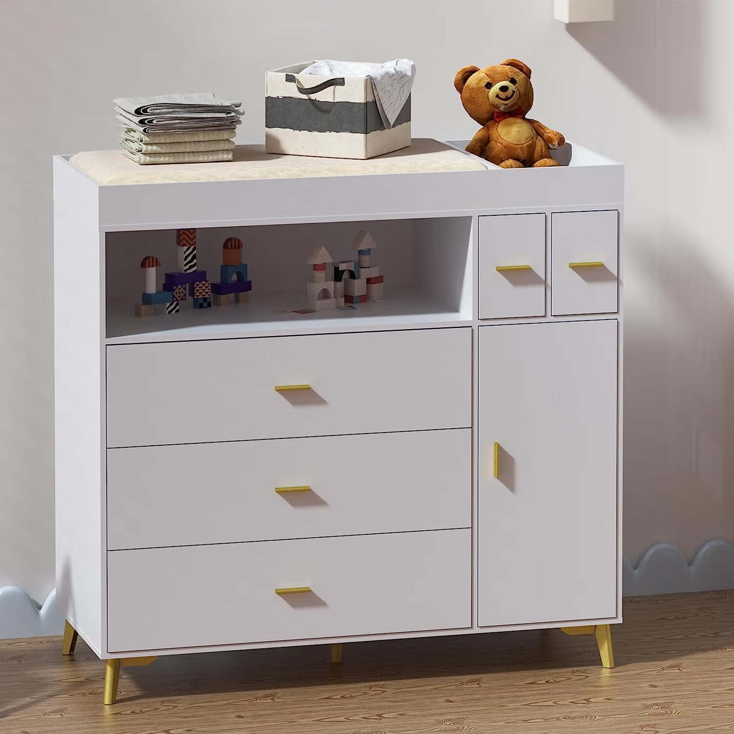 TWSOUL Baby Changing Table Dresser with 5 Drawers and Cabinet, White ...