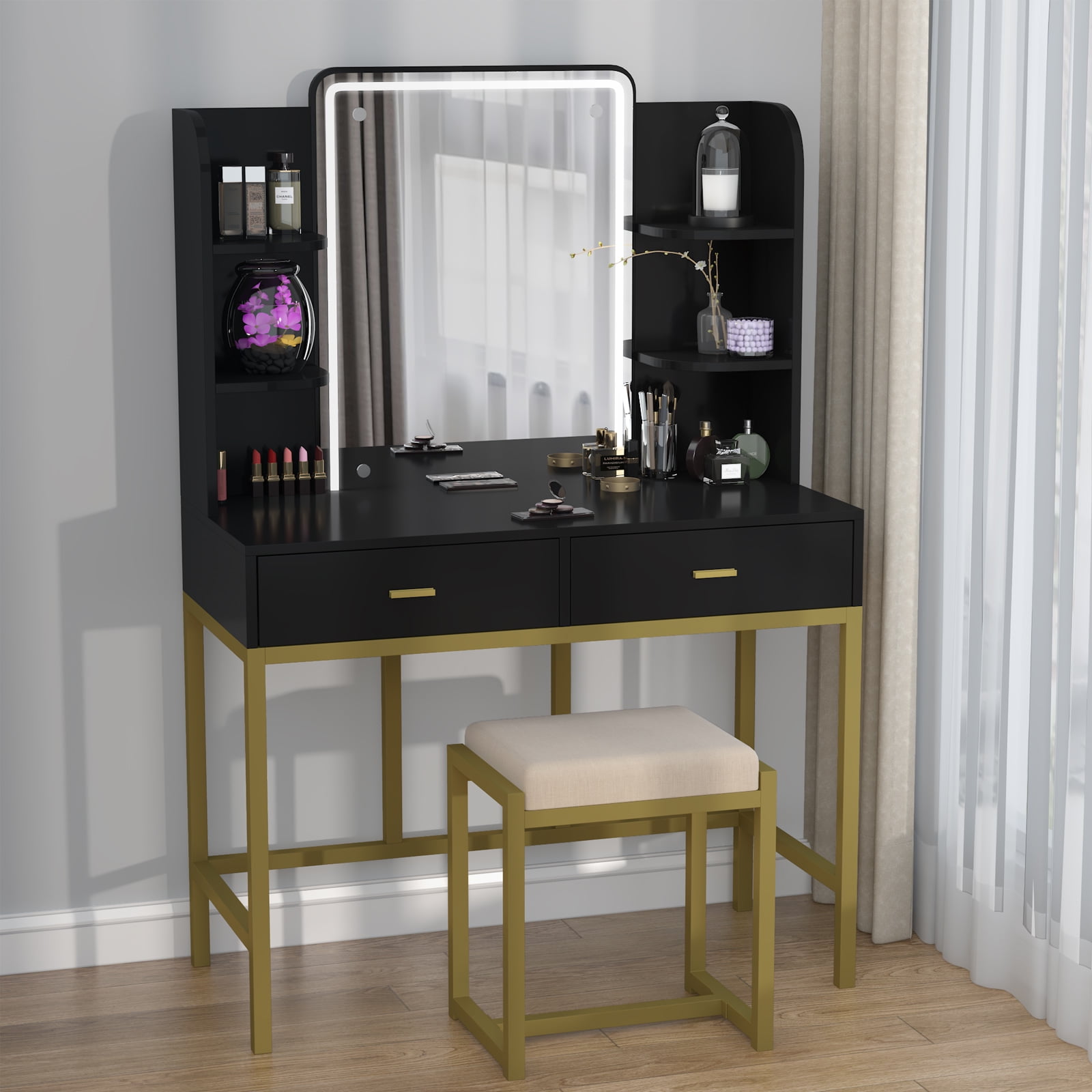 TWSOUL Modern Lighted Mirror Vanity Table Set, Black - Walmart.com