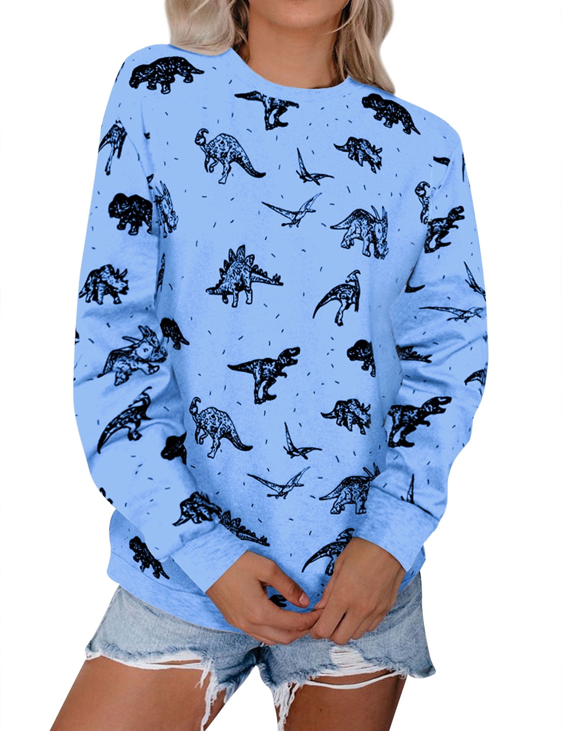 TWY Women Dinosaur Graphic Print Crew Neck Long Sleeve Top - Walmart.com