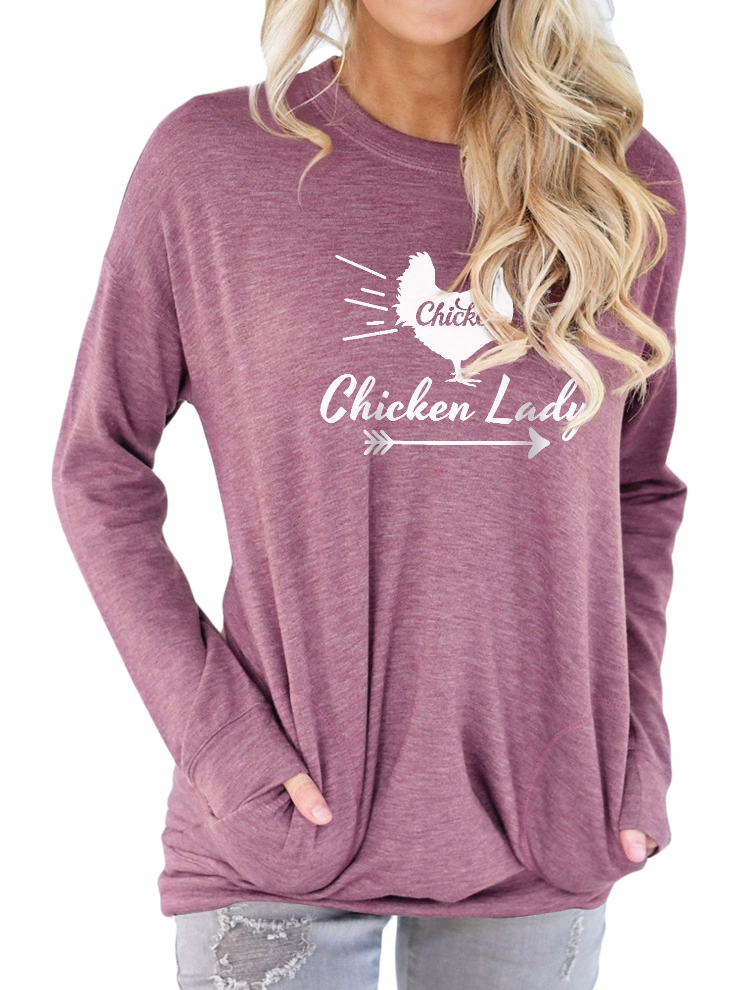 TWZH Women Chicken Chicken Lady Letter Graphic Printed Pocket ...