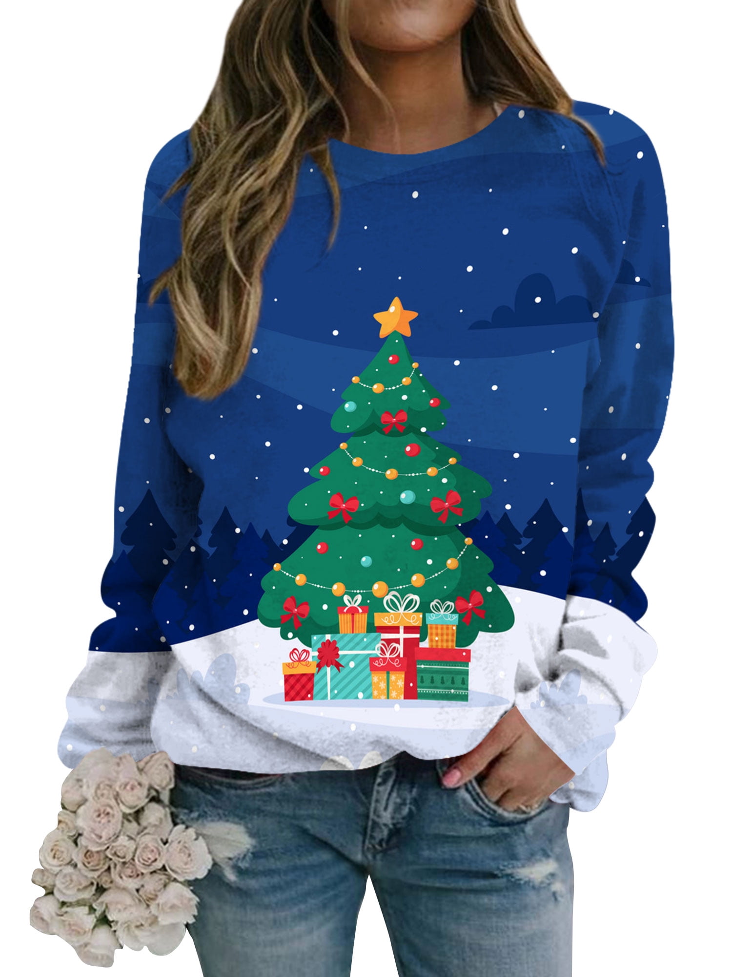 TWZH Women Christmas Tree Print Crew Neck Long Sleeves Top - Walmart.com