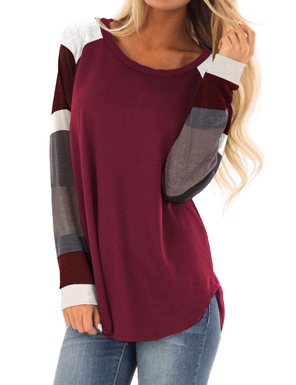 TWZH Women Colorblock Stitching Crew Neck Long Sleeve Tunic Top ...