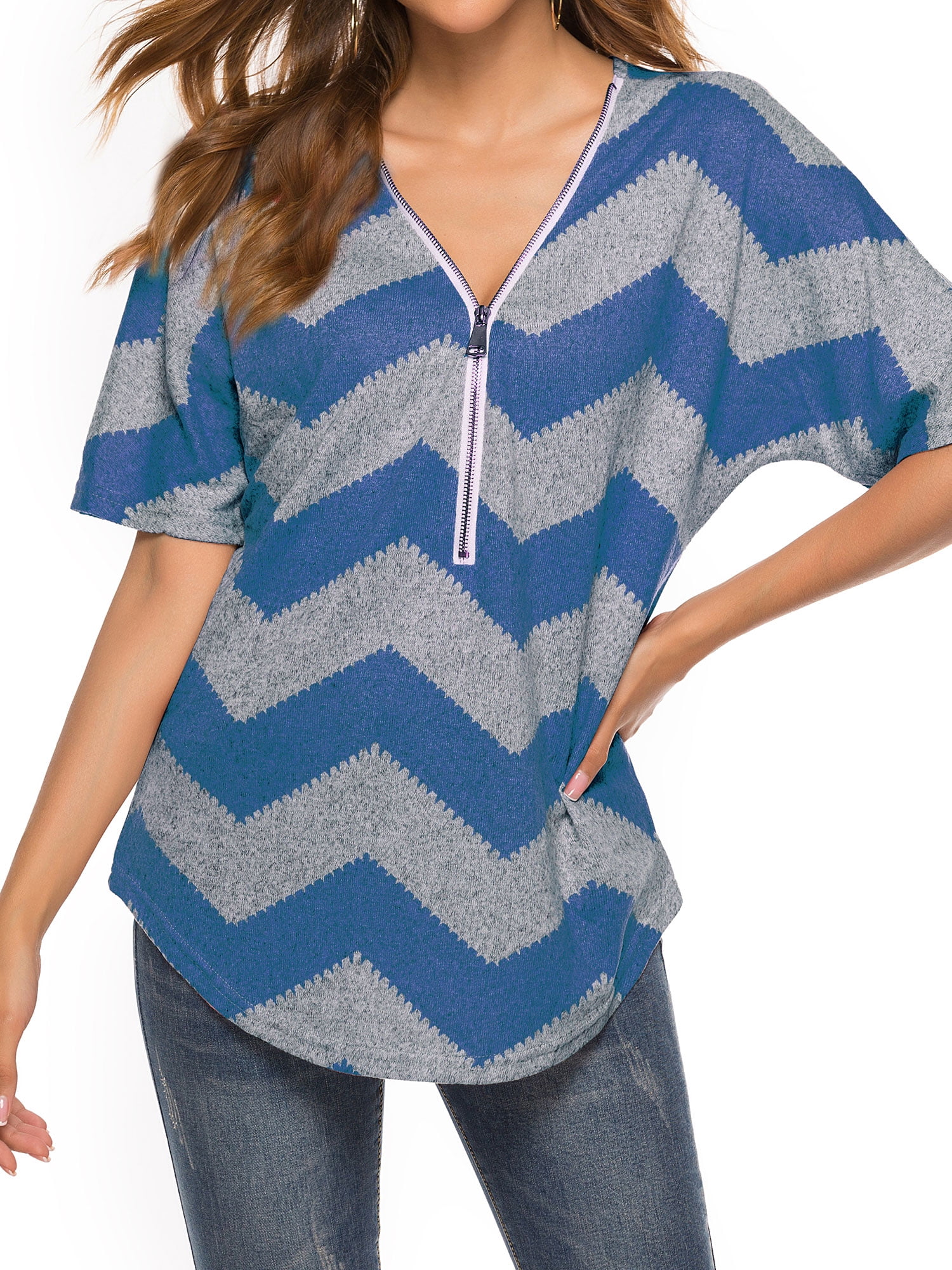 TWZH Women Colorblock V Neck Front Zipper Batwing Short Sleeve Top ...