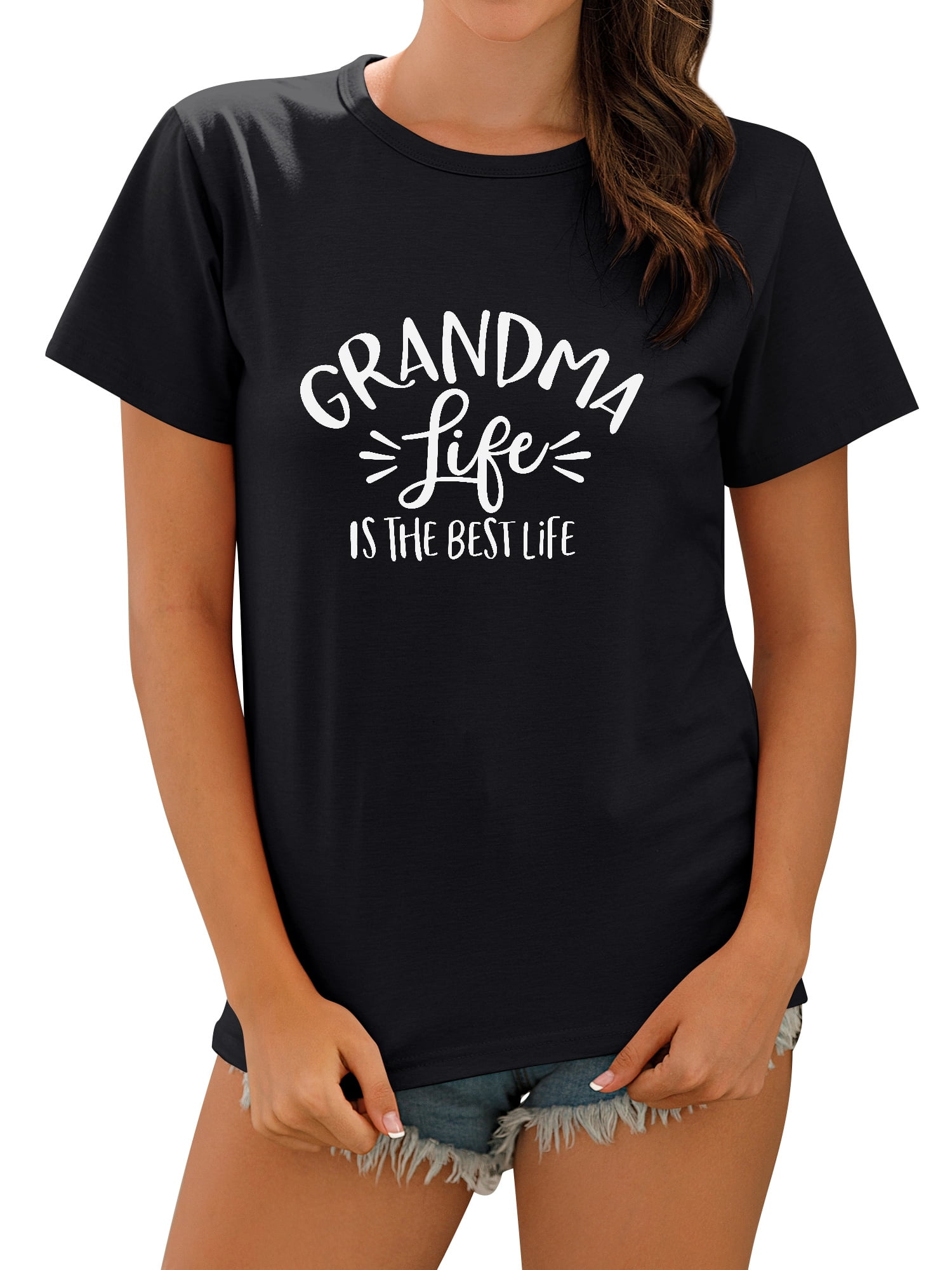 TWZH Women Grandma Life Is The Best Life Letter Printed Crew Neck T ...