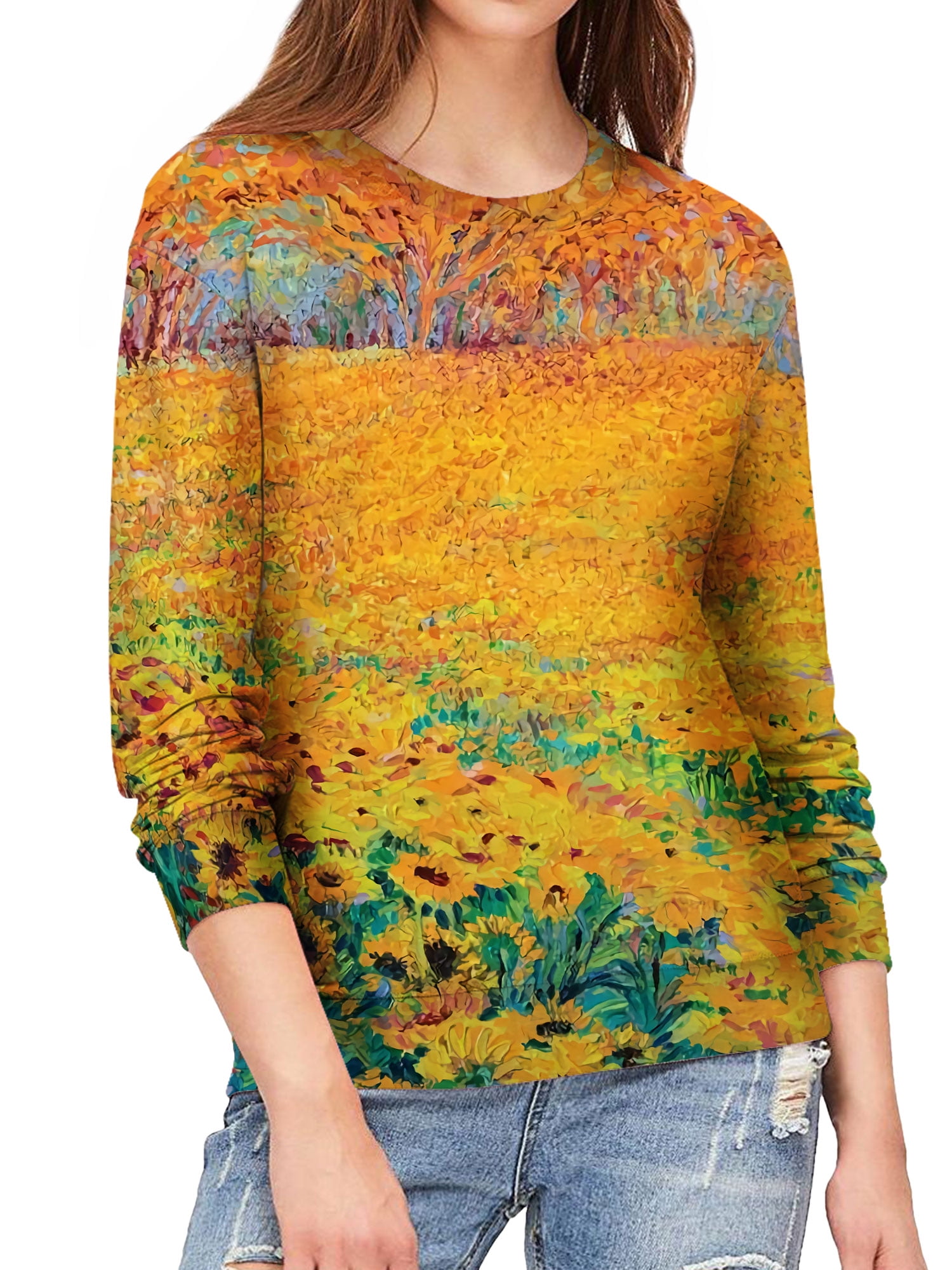 TWZH Women Landscape Graphic 3D Print Crew Neck Long Sleeves Top ...
