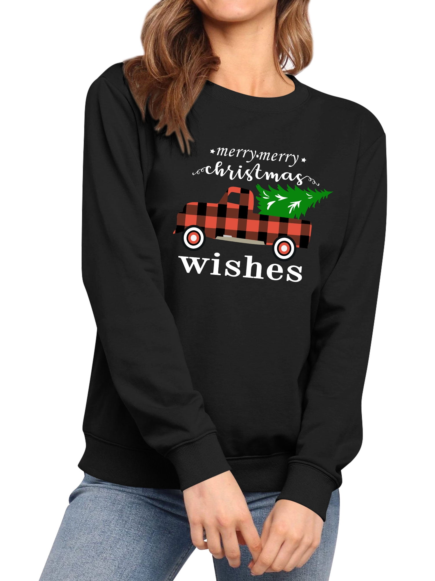 TWZH Women Merry Christmas Wishes Plaid Car Holly Print Sweatshirt Tops ...
