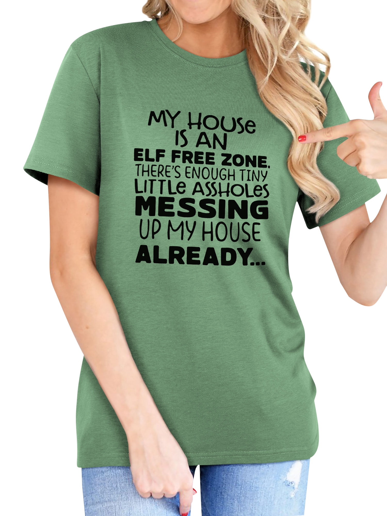 TWZH Women My House Is An Elf Free Zone Crew Neck Funny Letter Tee ...