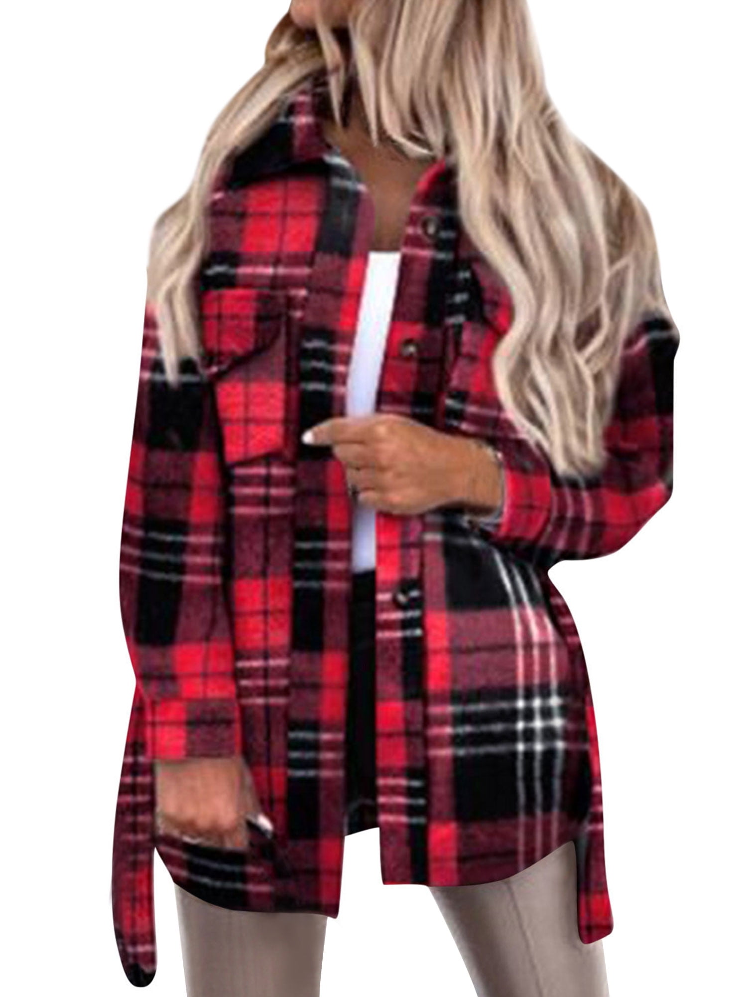 TWZH Women Red Plaid Lapel Collar Buttons Cardigan Top with Pockets ...
