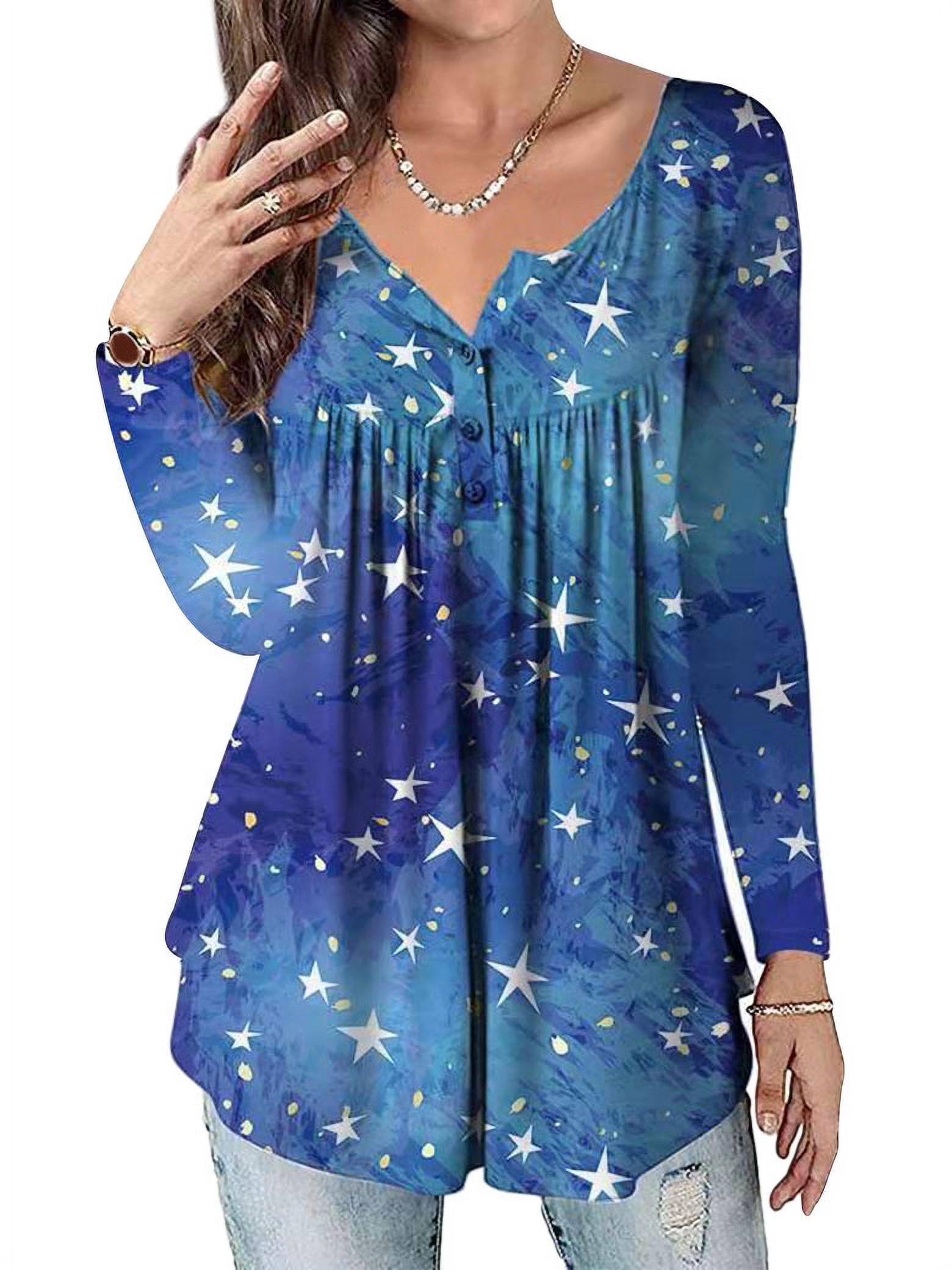TWZH Women Stars Print V Neckline Buttons Ruching Tunic Top - Walmart.com