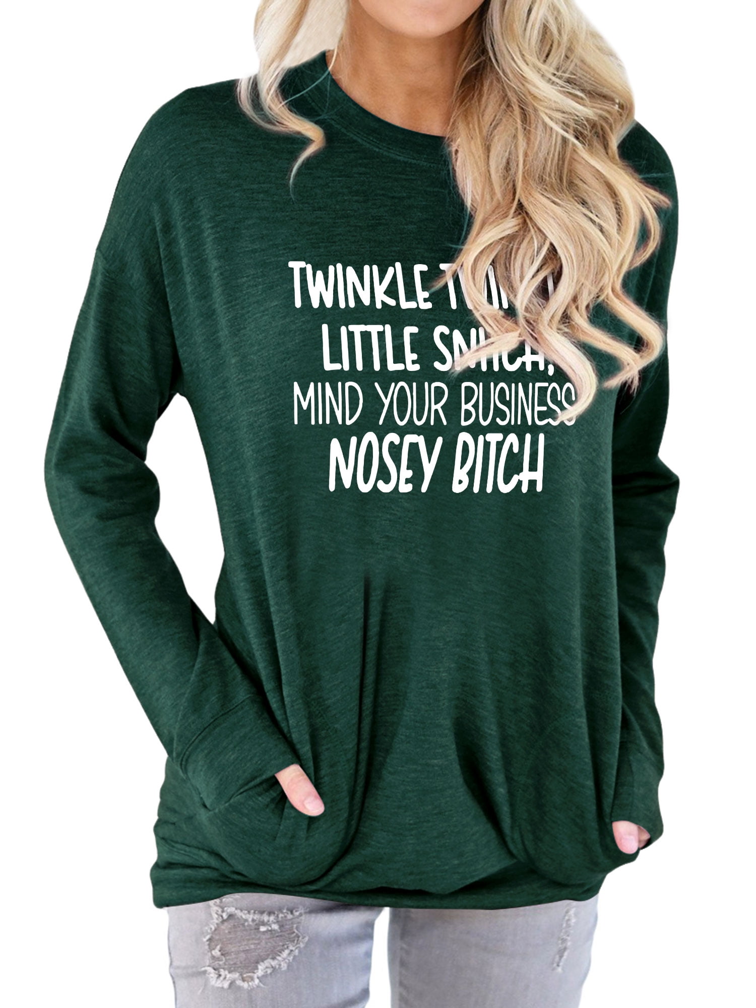 TWZH Women Twinkle Little Snitch Letter Print Long Sleeve Pockets Top ...