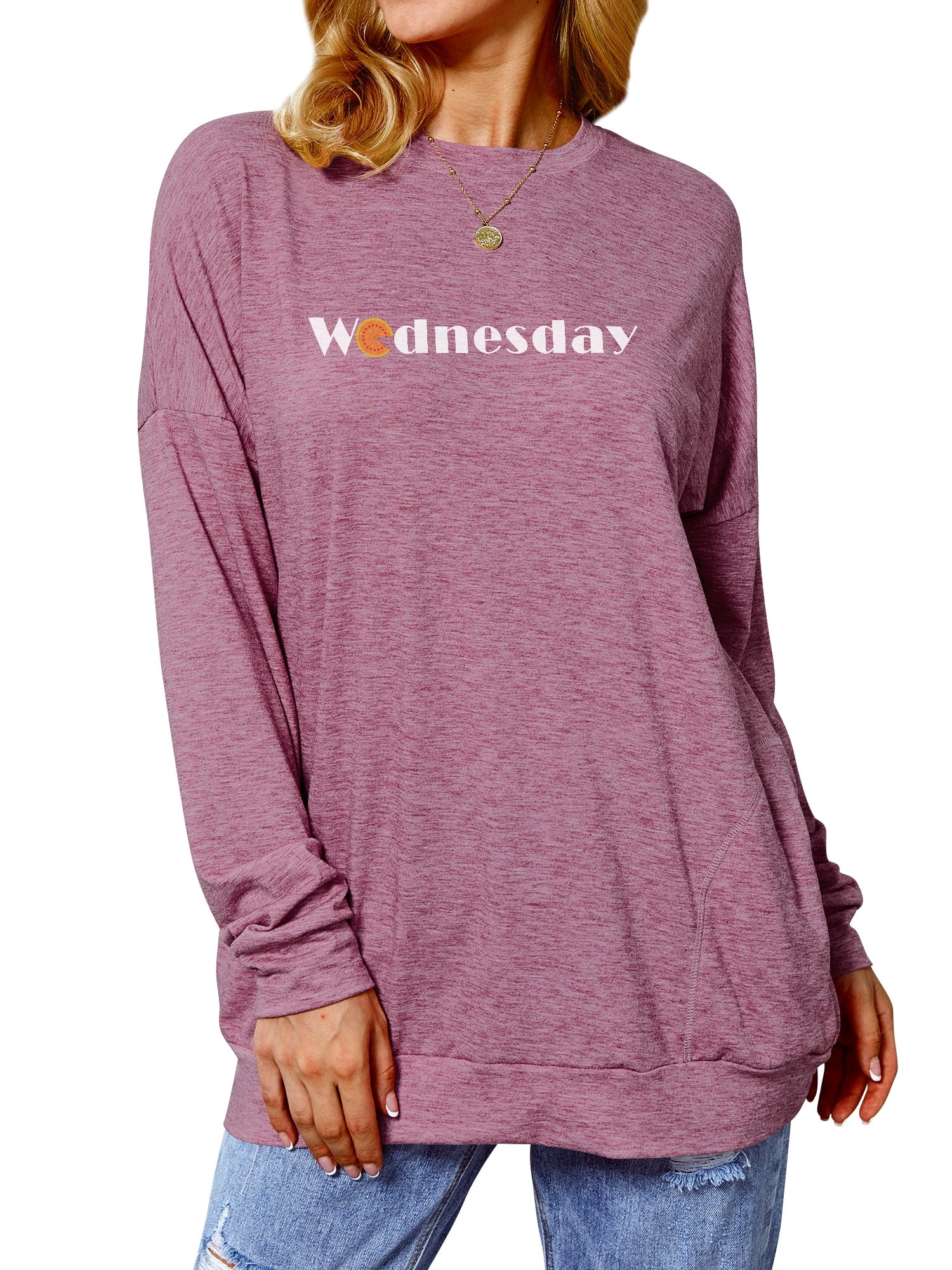 TWZH Women Wednesday Letter Graphic Print Stylish Pocket Long Sleeves T ...