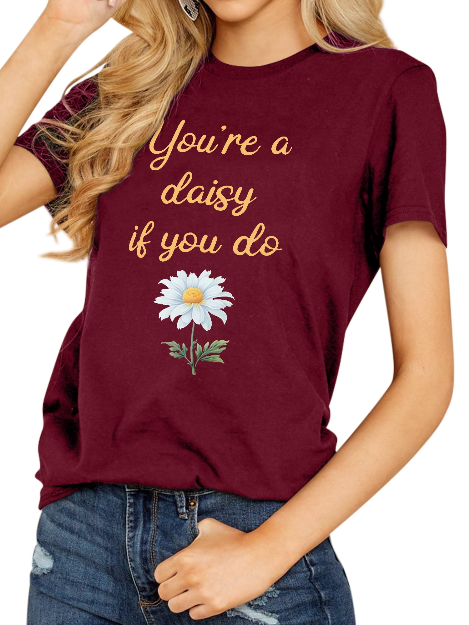 TWZH Women You're A Daisy Letter Print T-Shirt Short Sleeve Graphic Tee ...