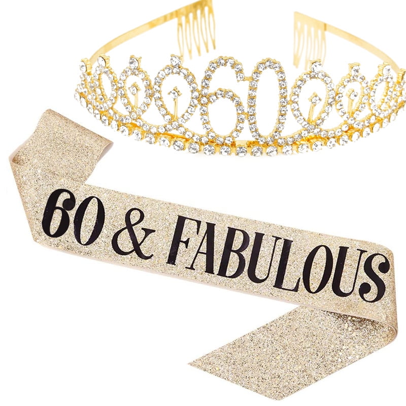 TY"60 and Fabulous" Sash & Rhinestone Tiara Set - 60th Birthday Sash 60 Birthday Gifts Party ...