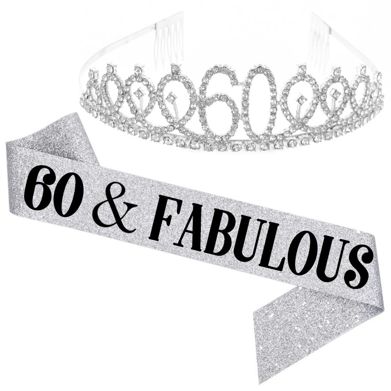 TY"60 and Fabulous" Sash & Rhinestone Tiara Set - 60th Birthday Sash 60 Birthday Gifts Party ...